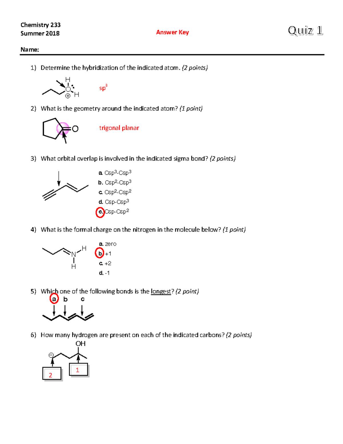 233 Quiz 1 - Key - S18 - First Quiz - Chemistry 233 Answer Key Summer ...