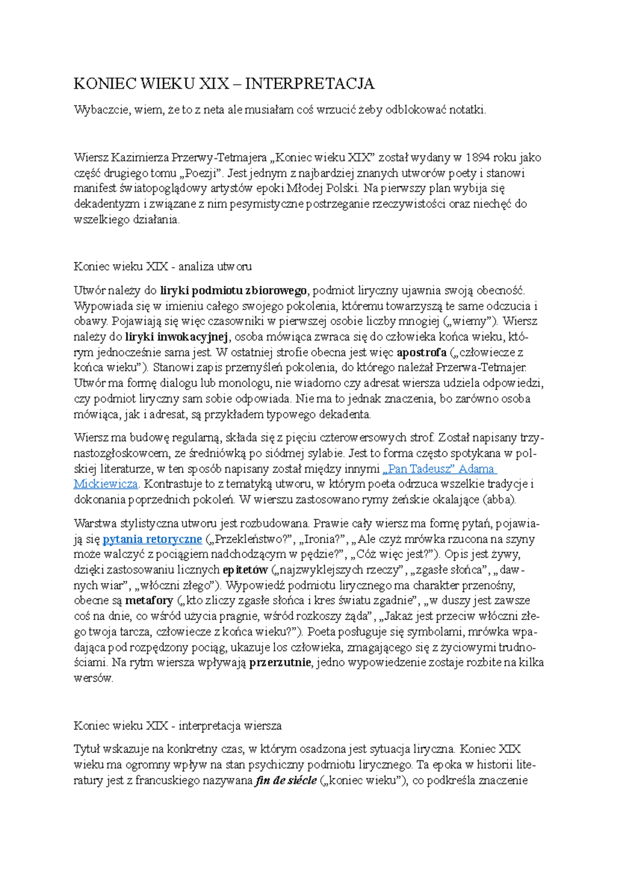 Interpretacja i analiza - KONIEC WIEKU XIX – INTERPRETACJA Wybaczcie ...