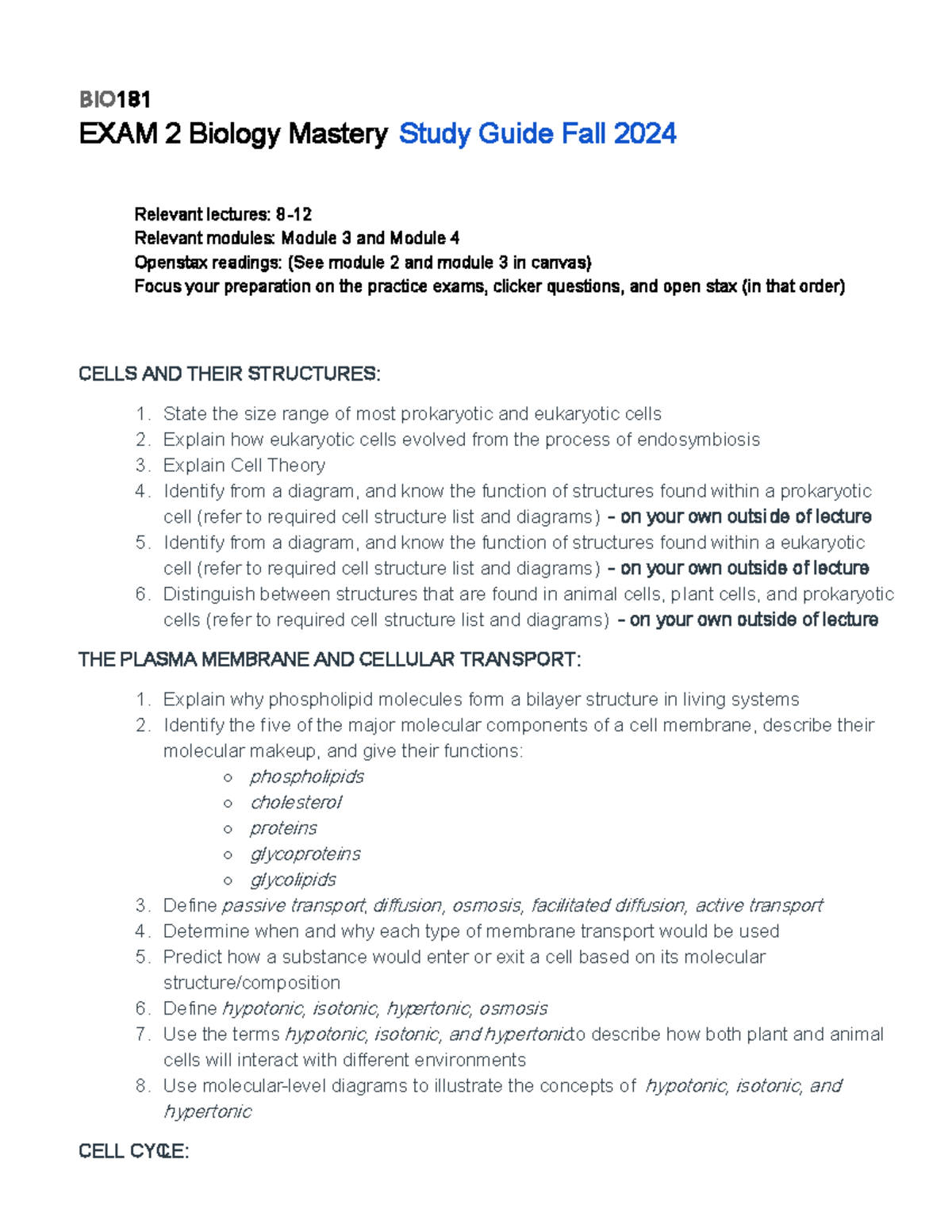 BIO 181 Exam 2 Study Guide Fall 2024 - BIO 181 EXAM 2 Biology Mastery ...