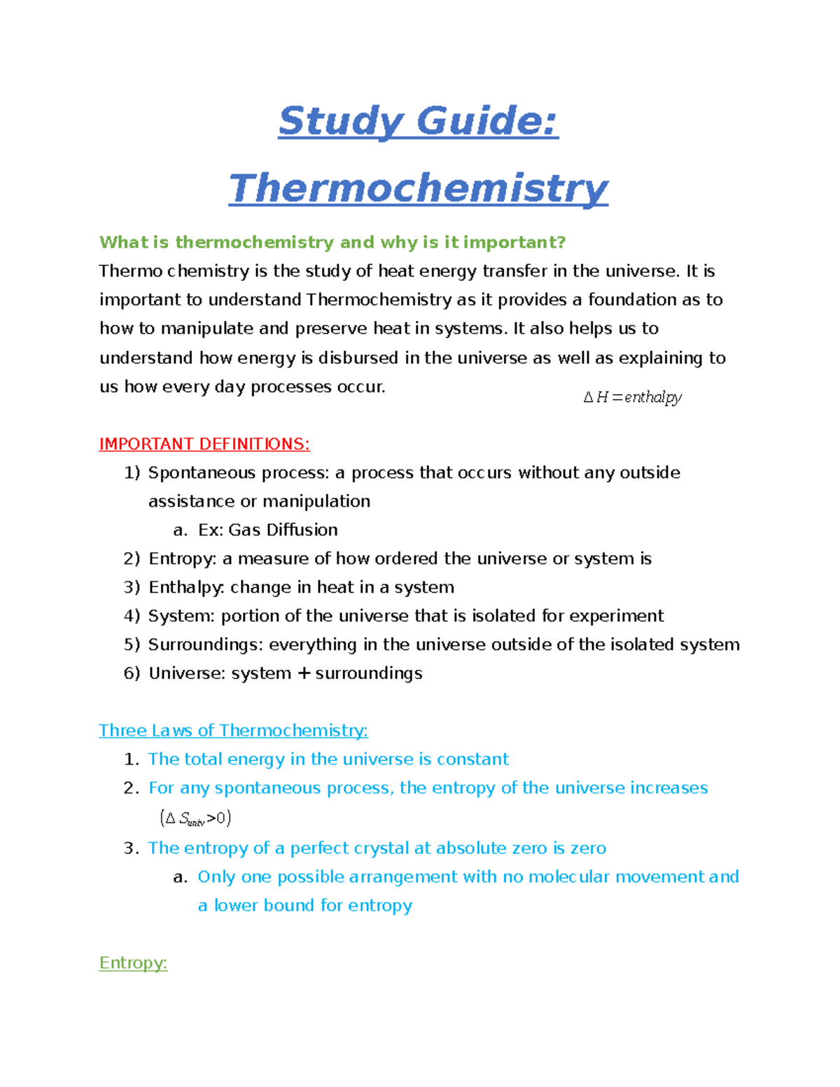 Study Guide Thermo - CHEM 105B Work - Study Guide: Thermochemistry What ...