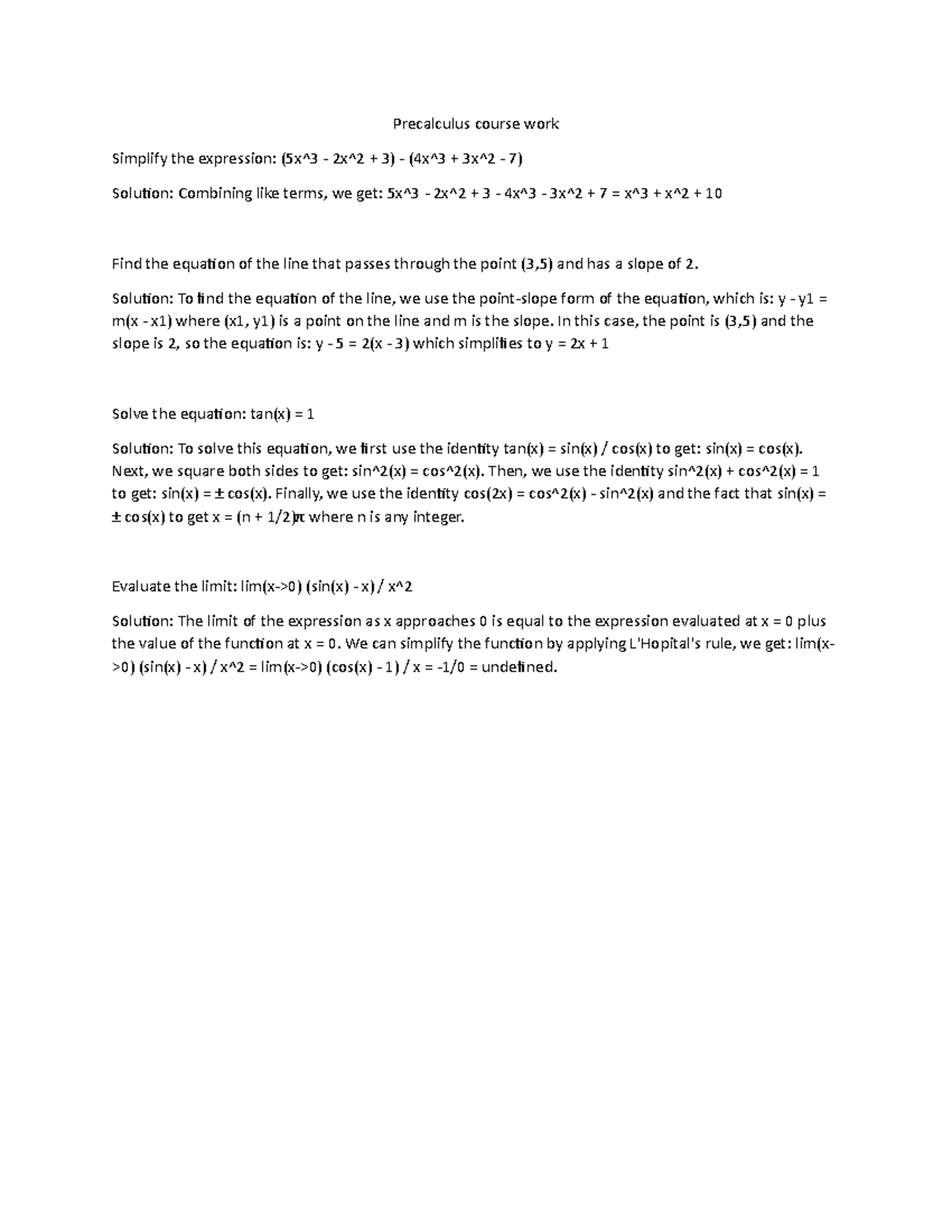 Precalculus course work - Precalculus course work Simplify the ...