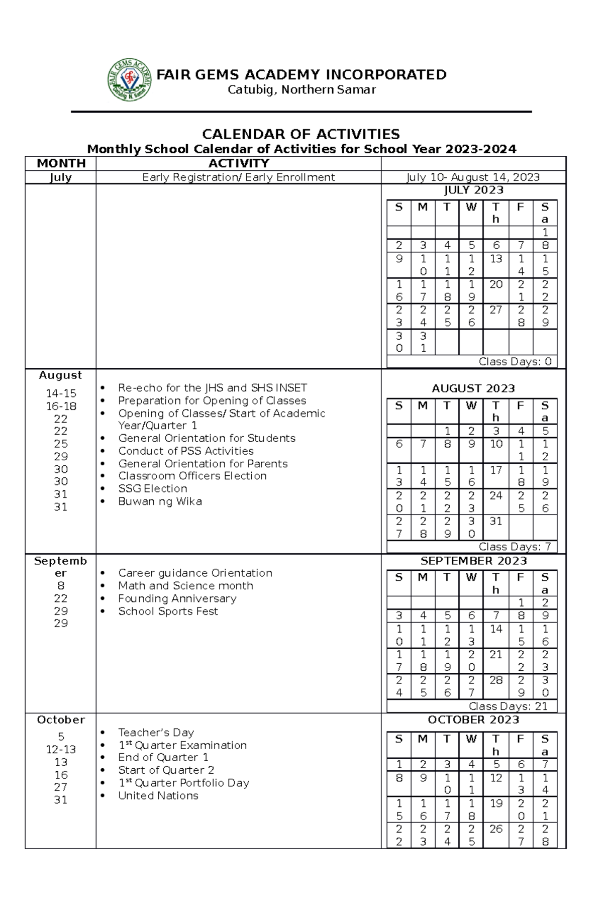School Calendar 23-24 - aljcijguvlkvkl - FAIR GEMS ACADEMY INCORPORATED ...