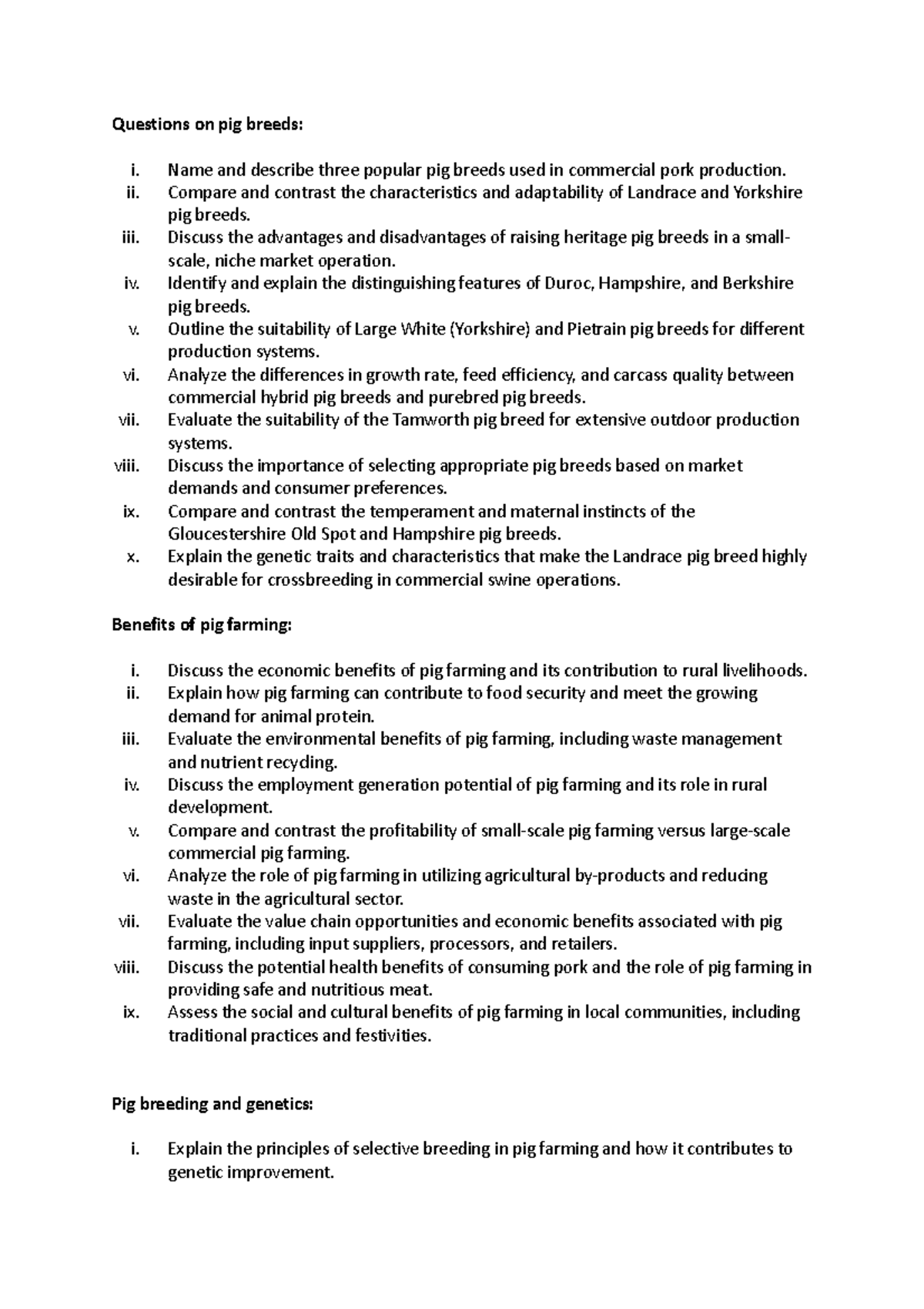 Questions - Swine - Questions on pig breeds: i. Name and describe three ...