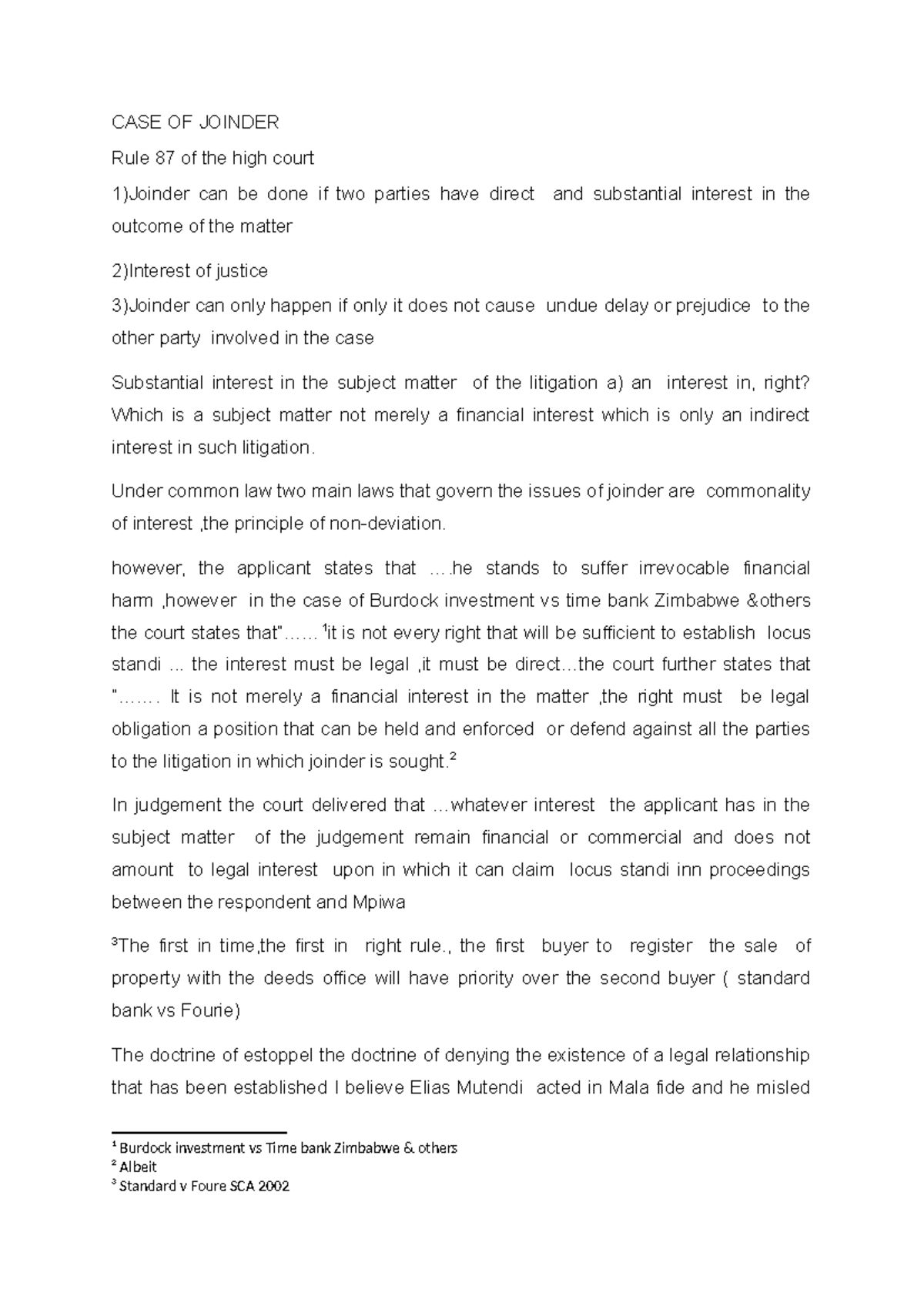 CASE OF Joinder - CASE OF JOINDER Rule 87 of the high court 1)Joinder ...