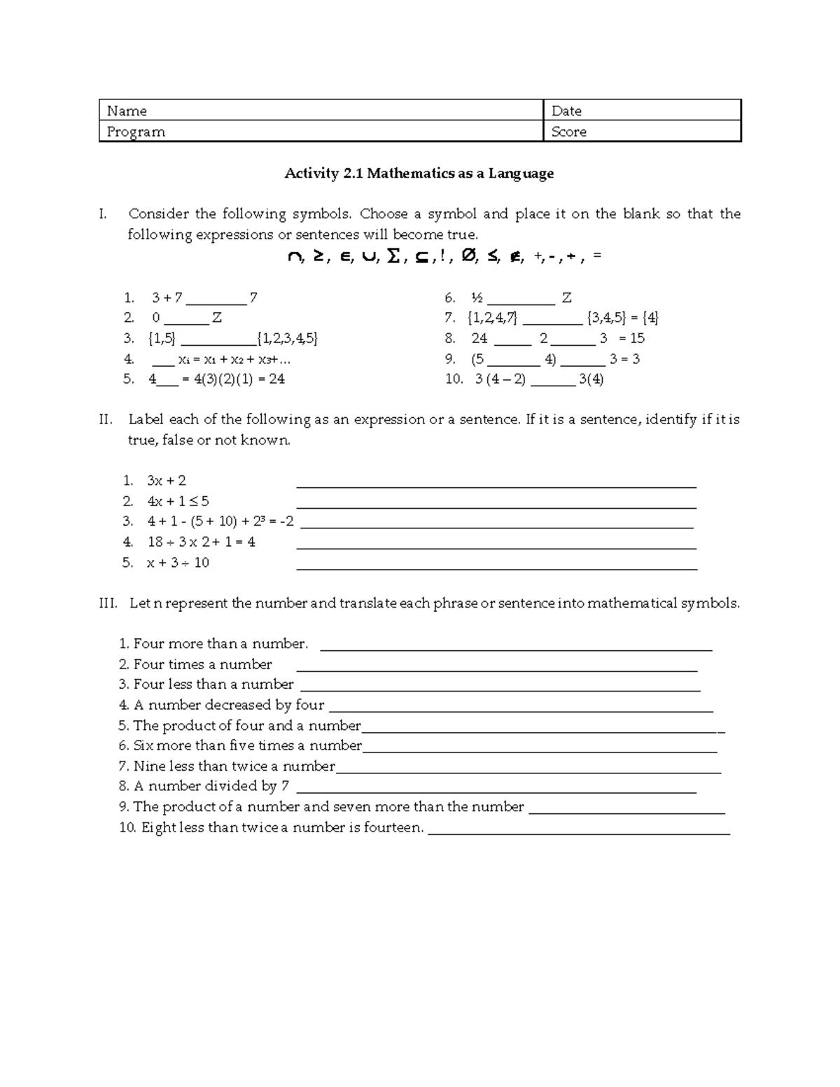 Activity 2.1 Mathematics as a Language - Name Date Program Score ...