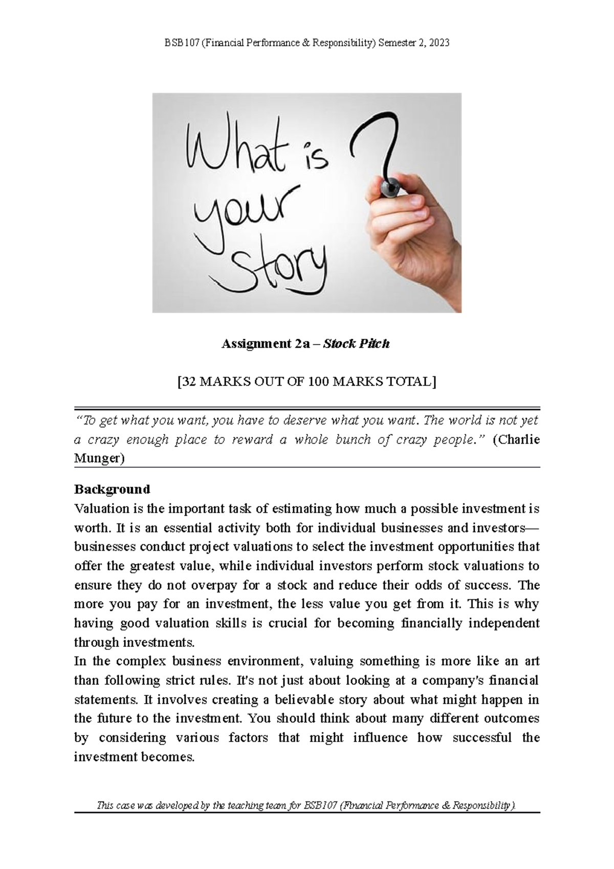 BSB107 Assignment 2a; Stock Pitch What is Your Story - BSB107 ...