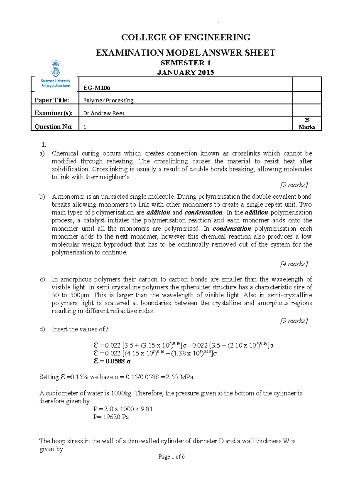 Exam 2014, answers - ` COLLEGE OF ENGINEERING EXAMINATION MODEL ANSWER ...