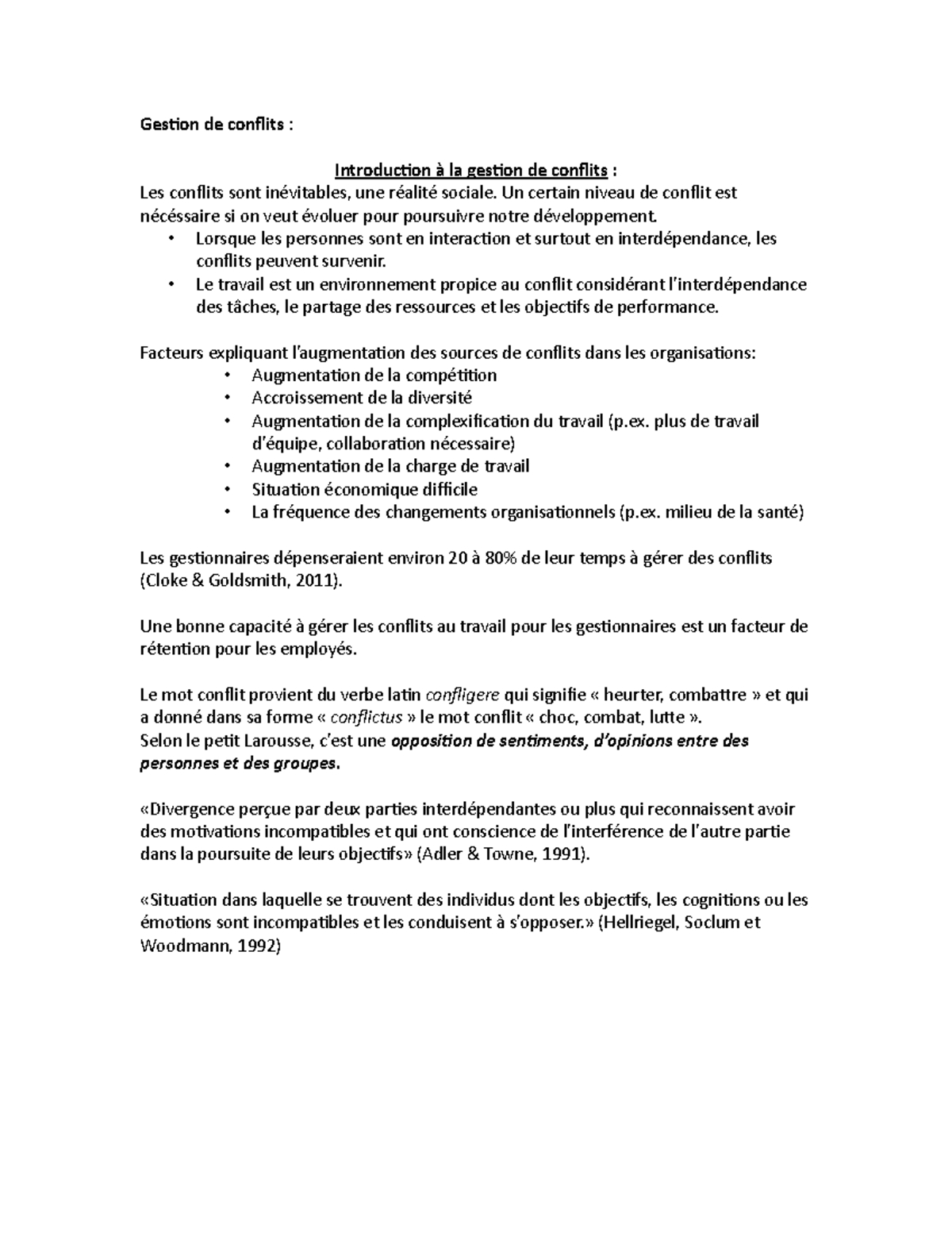 Notes de cours Gestion de conflits - Gestion de conflits : Introduction ...