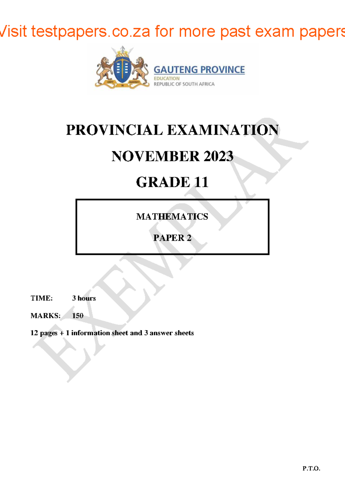 Gr 11 Mathematics P2 (English) 2023 Question Paper - PROVINCIAL EXAMINATION NOVEMBER 2023 GRADE ...