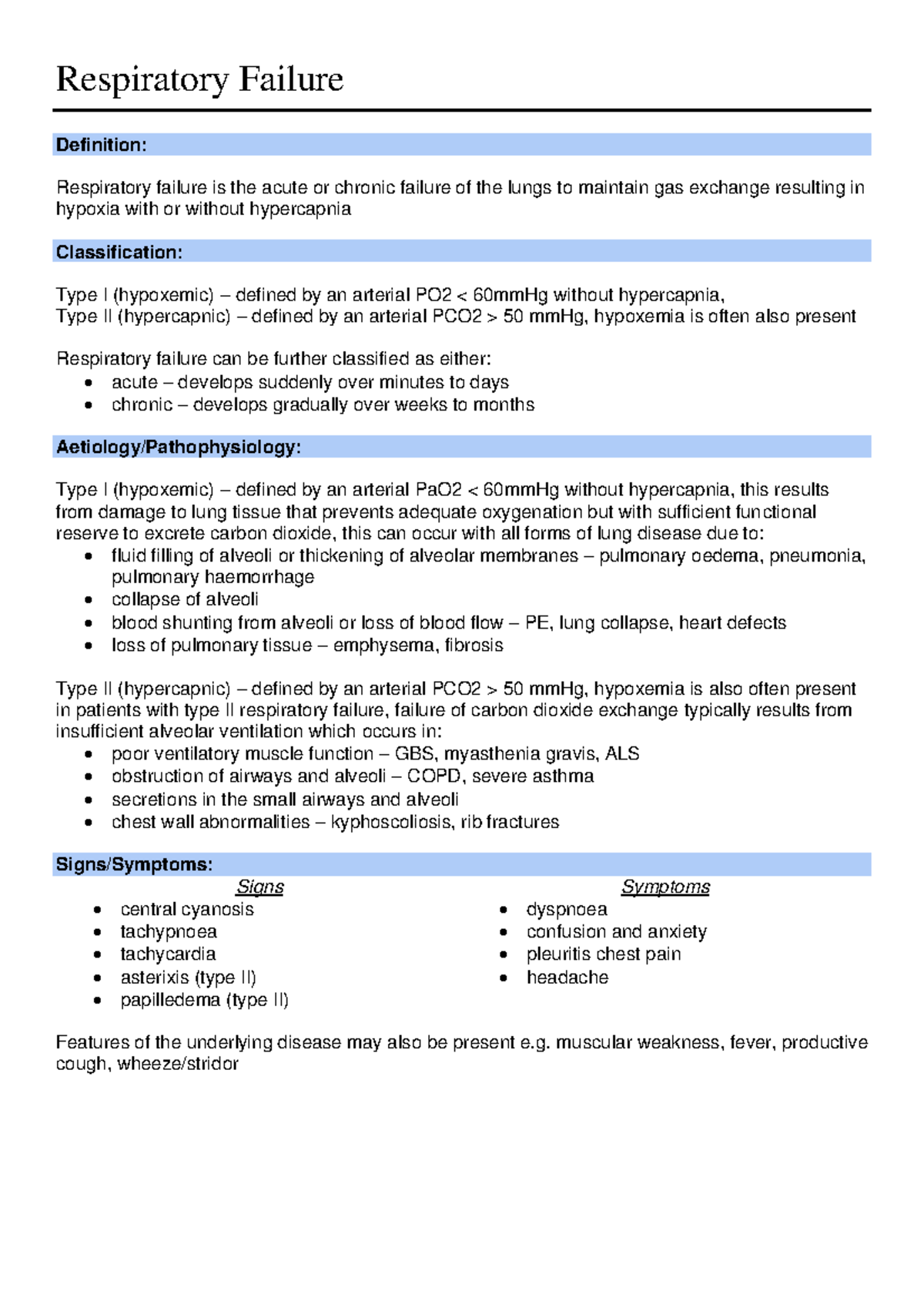 Respiratory Failure - Key pathology summary - Respiratory Failure ...