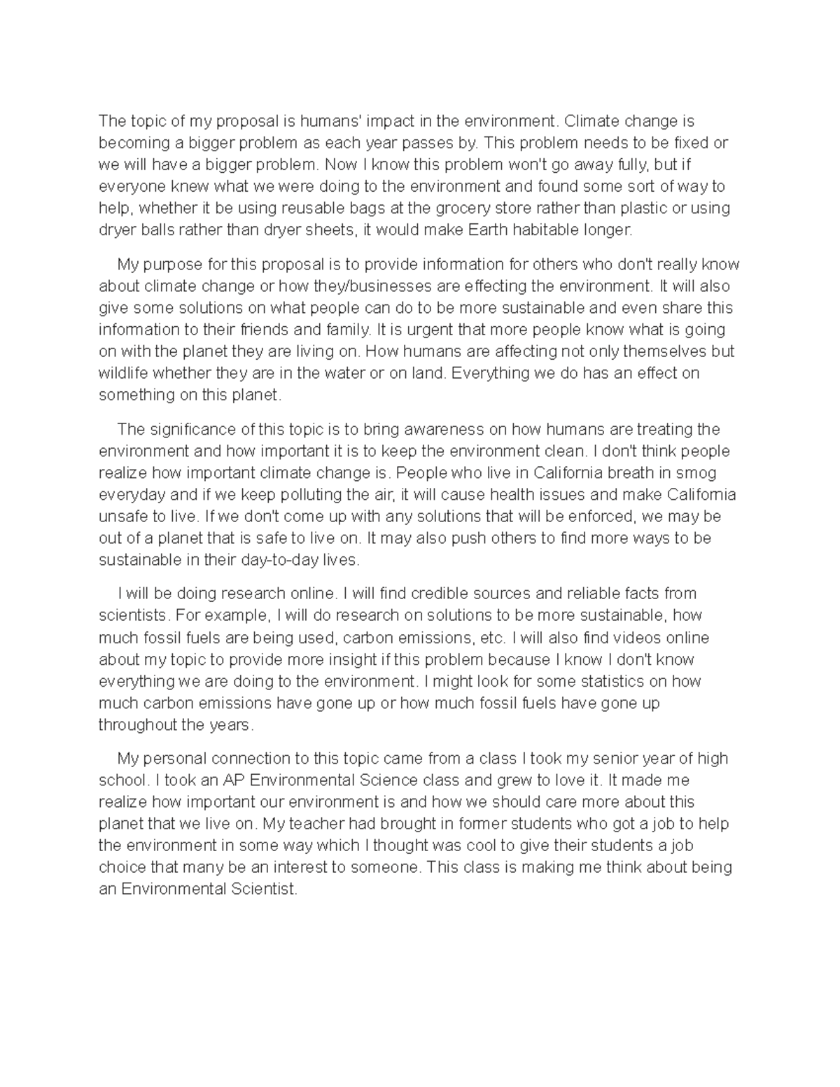 Humans' impact in the environment proposal - Google Docs - The topic of ...