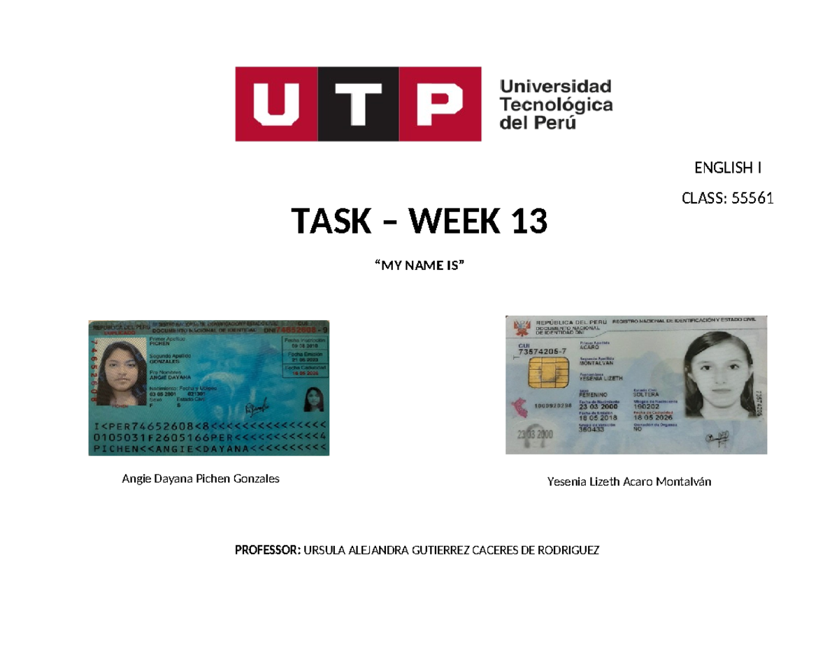 Actividad 13 - Ingles - resuelto - ingles, tarea - TASK – WEEK 13 “MY NAME IS” ENGLISH I CLASS ...