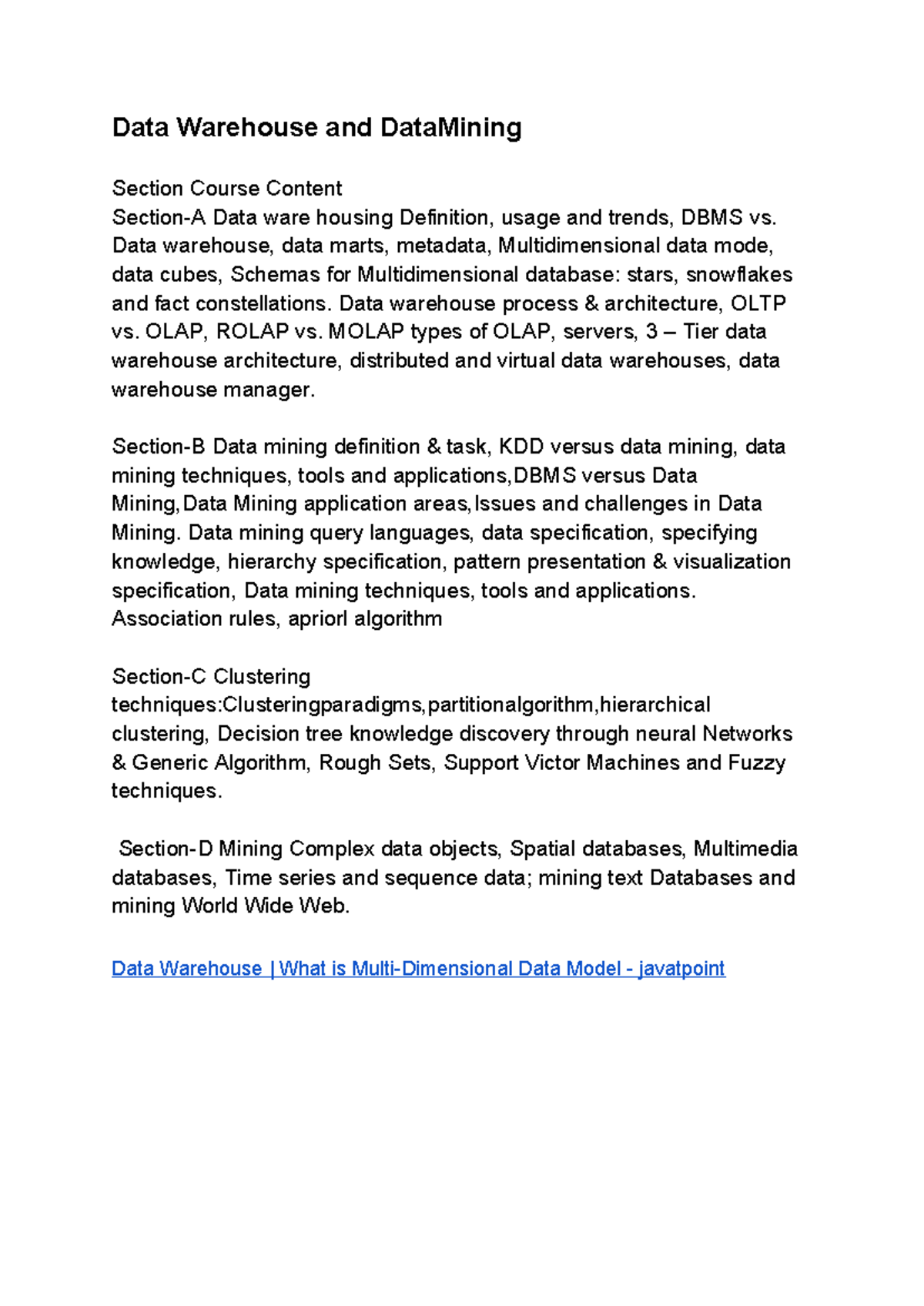 Data Warehouse and Data Mining - Data Warehouse and DataMining Section Course Content Section-A ...