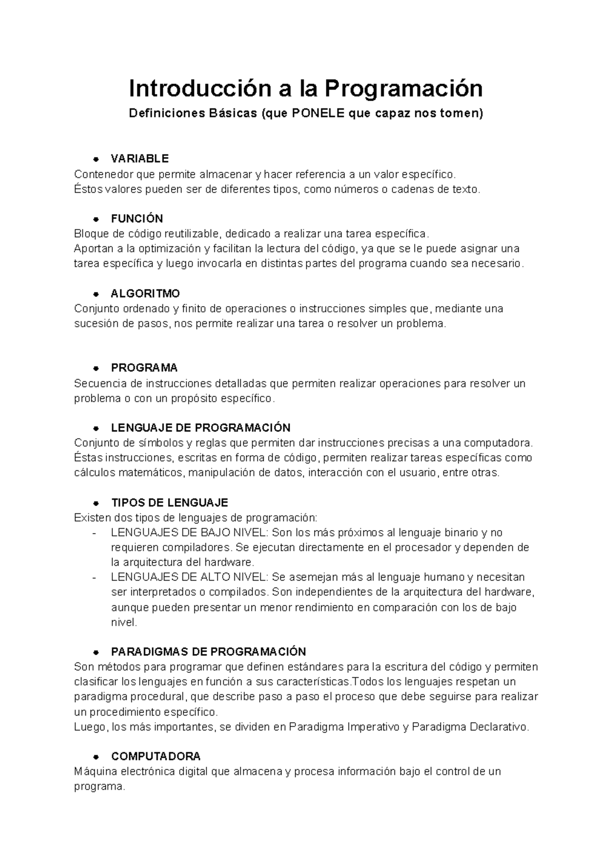 Introducción a la Programación - Mini Guia de Estudio - Introducción a ...