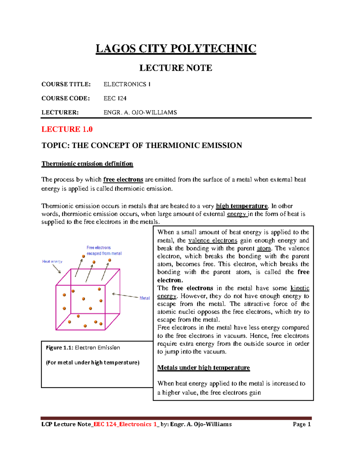 Eec 124 Electronics 1 Lecture Note By Engr A Ojo Williams Lagos City Polytechnic Lecture Note