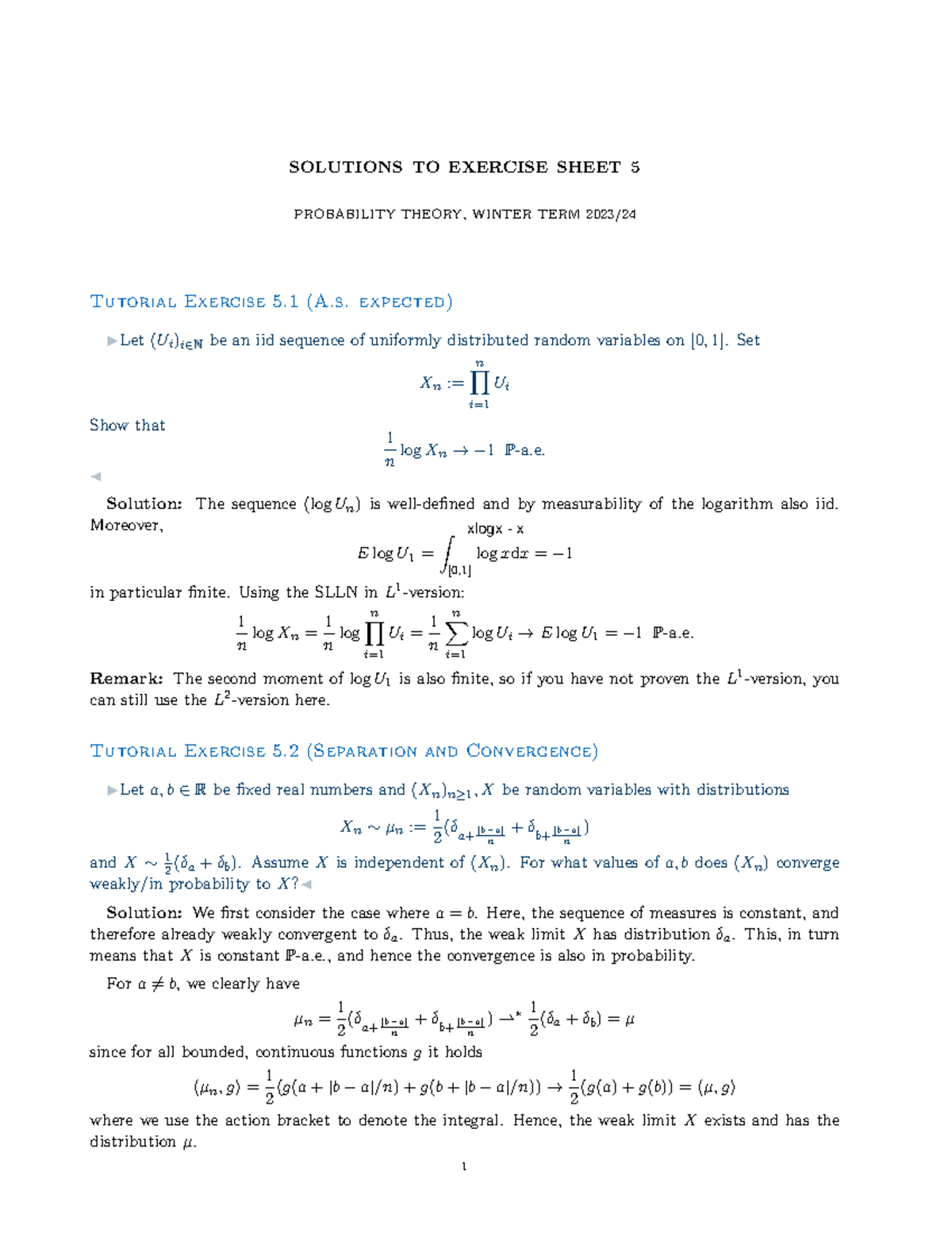 Sheet 5-6 - 2222222 - SOLUTIONS TO EXERCISE SHEET 5 PROBABILITY THEORY ...