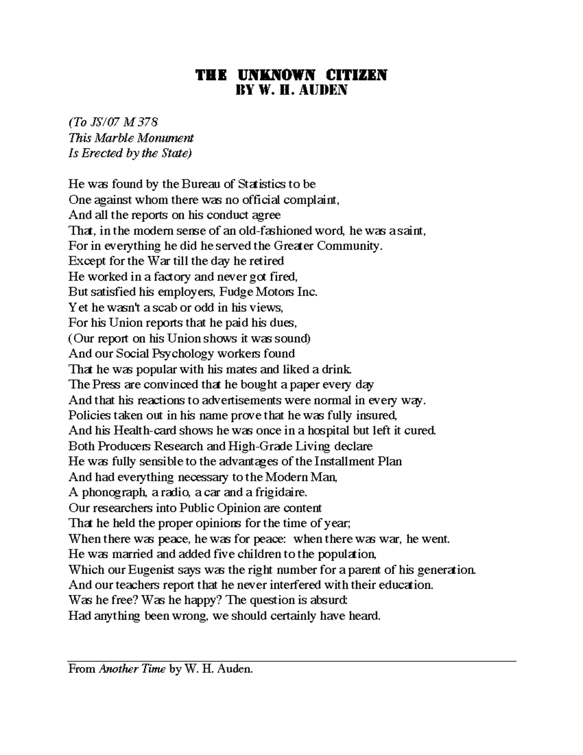 Unknown citizen - THE UNKNOWN CITIZEN BY W. H. AUDEN (To JS/07 M 378 ...