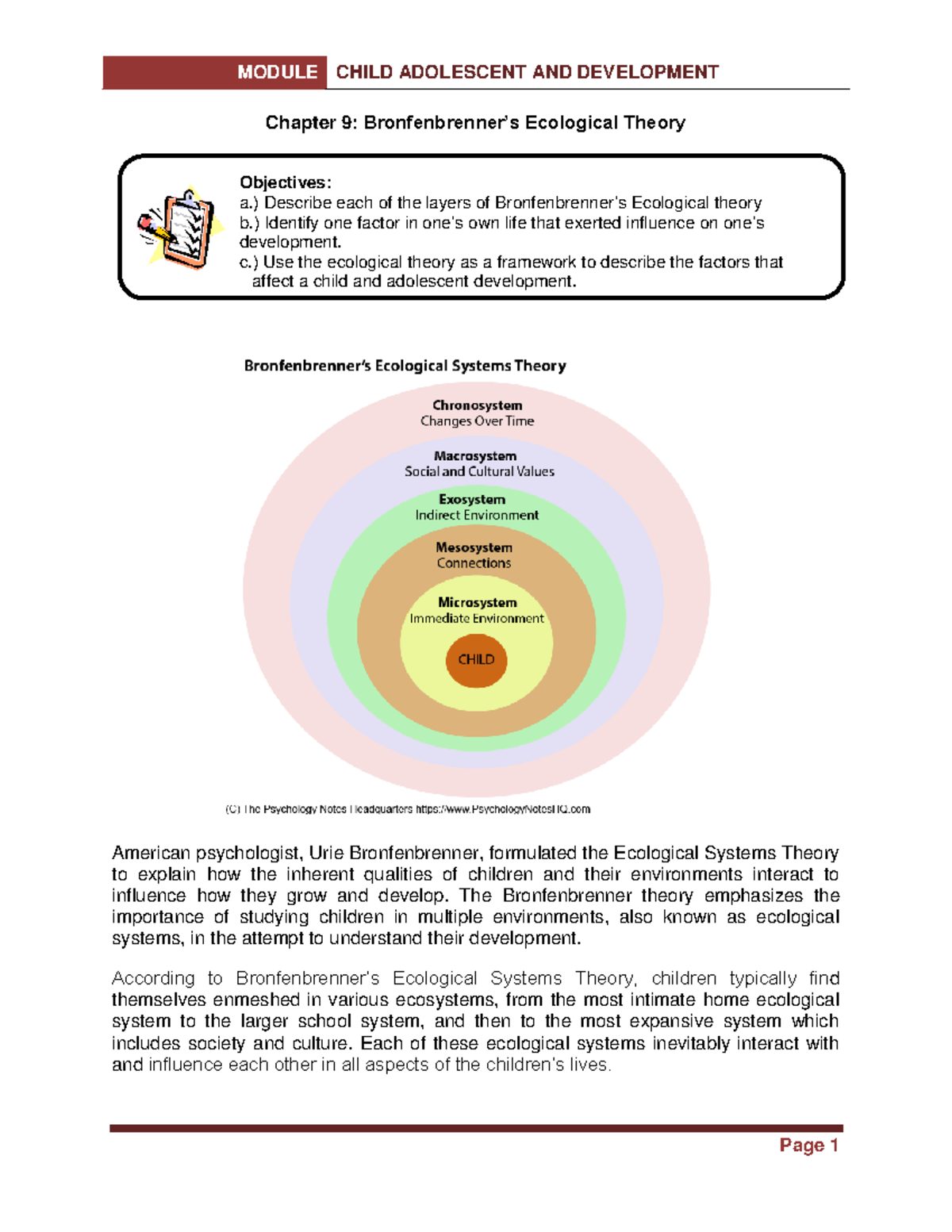 Chapter 9- Bronfenbrenner’s Ecological Theory - MODULE CHILD ADOLESCENT AND DEVELOPMENT Page 1 ...