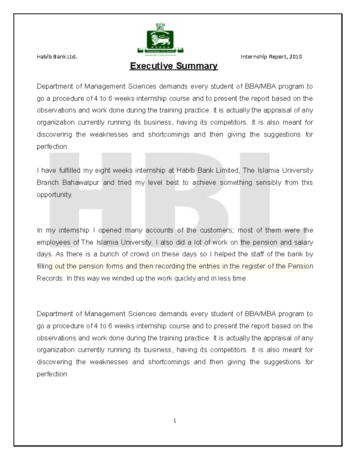 53187895 Internship Report on Habib Bank Limited - Executive Summary ...