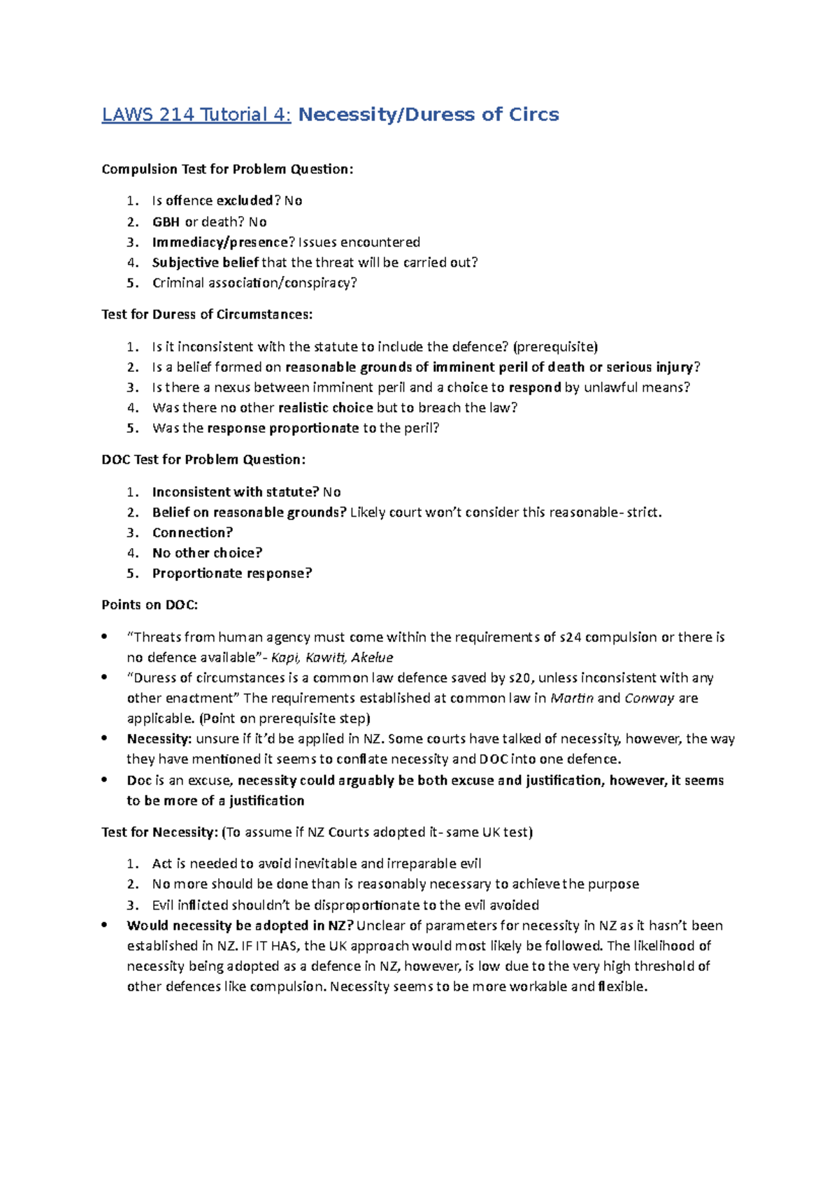 LAWS 214 Tutorial 4 Necessity and Duress of Circs - LAWS 214 Tutorial 4: Necessity/Duress of ...