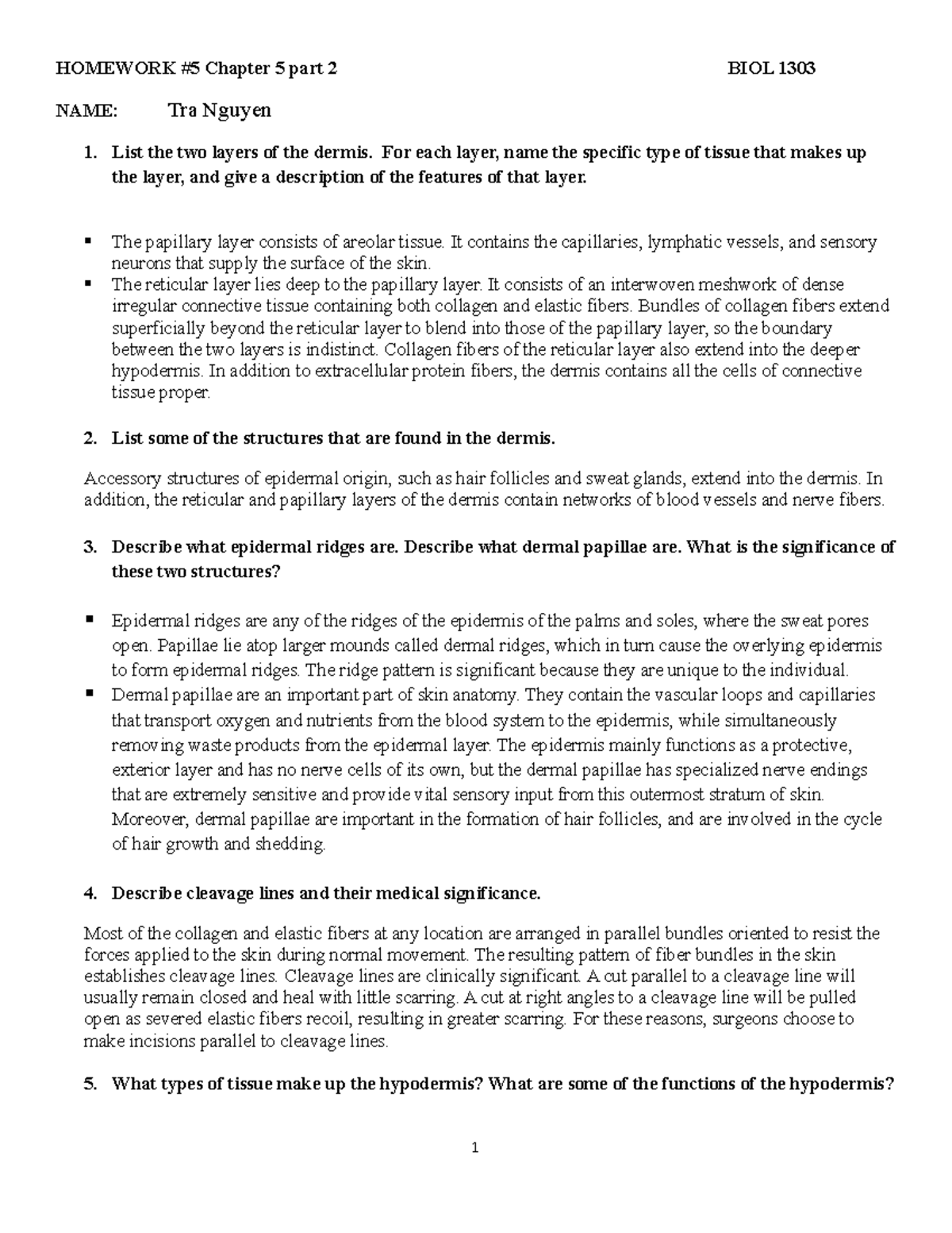 HW Chapter 5 (part 2) - HOMEWORK Chapter 5 part 2 NAME: BIOL 1303 Tra ...