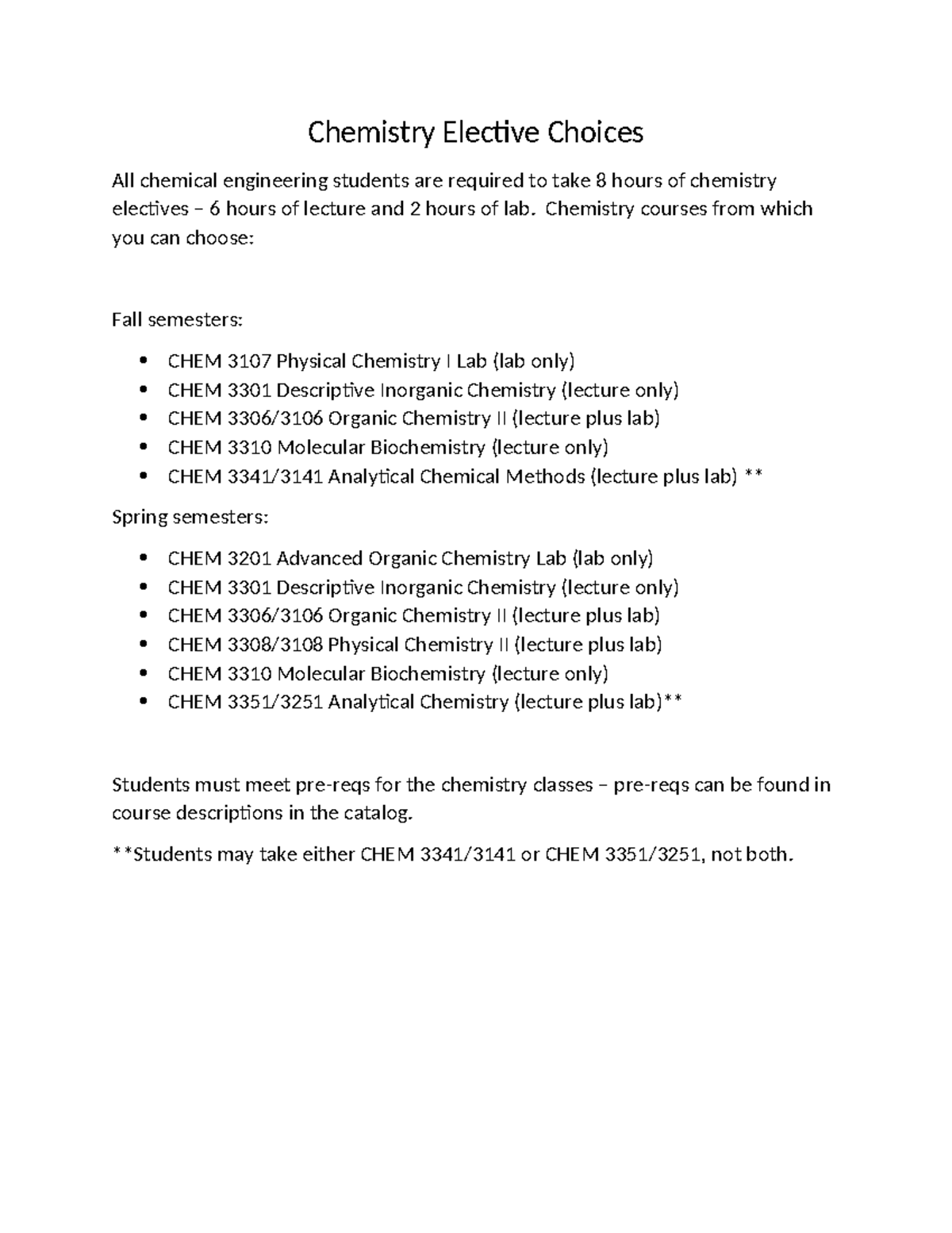 Chemistry Elective Choices - Chemistry courses from which you can ...