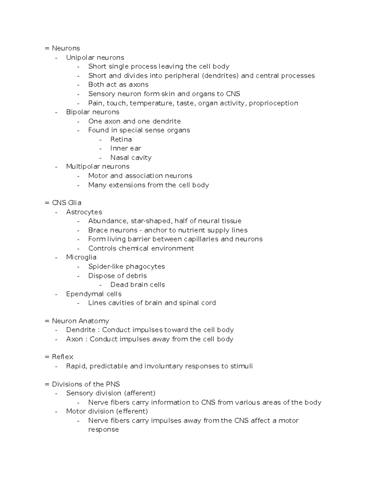 Physio Anatomy Brain Quiz Notes - = Neurons - Unipolar neurons - Short ...