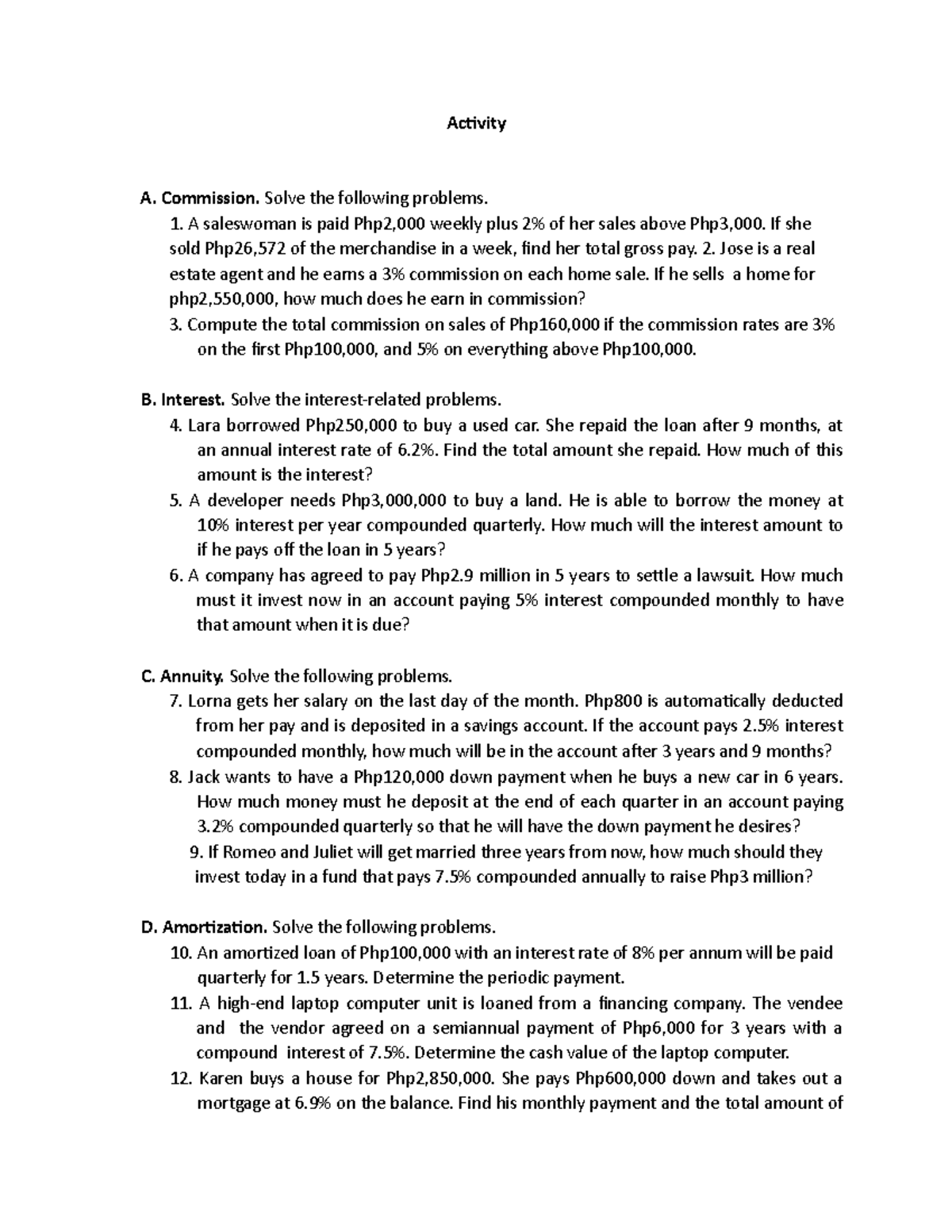 Activity in Business Math - Activity A. Commission. Solve the following ...