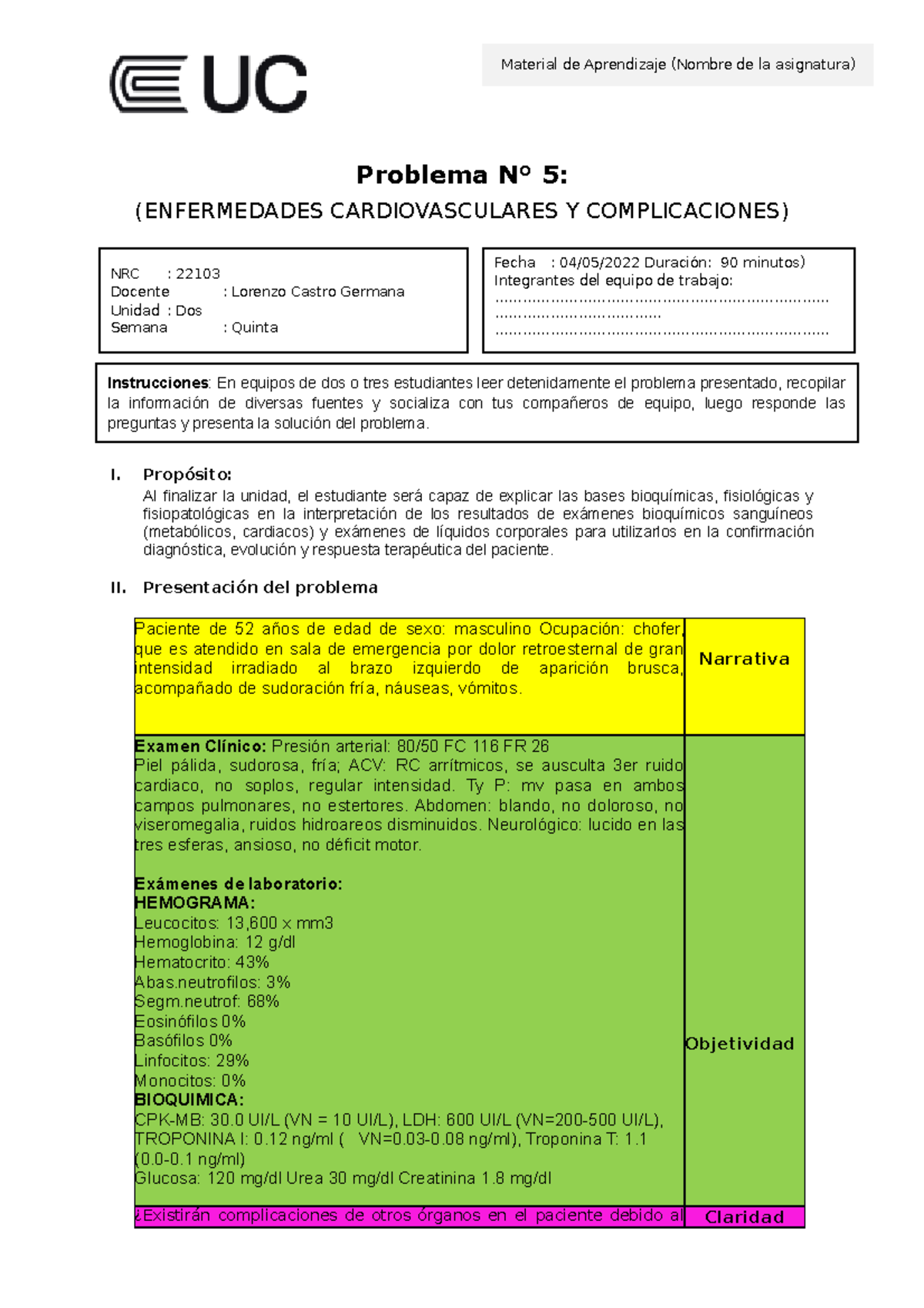 SCA Y Complicaciones - Problema N° 5: (ENFERMEDADES CARDIOVASCULARES Y COMPLICACIONES) I ...