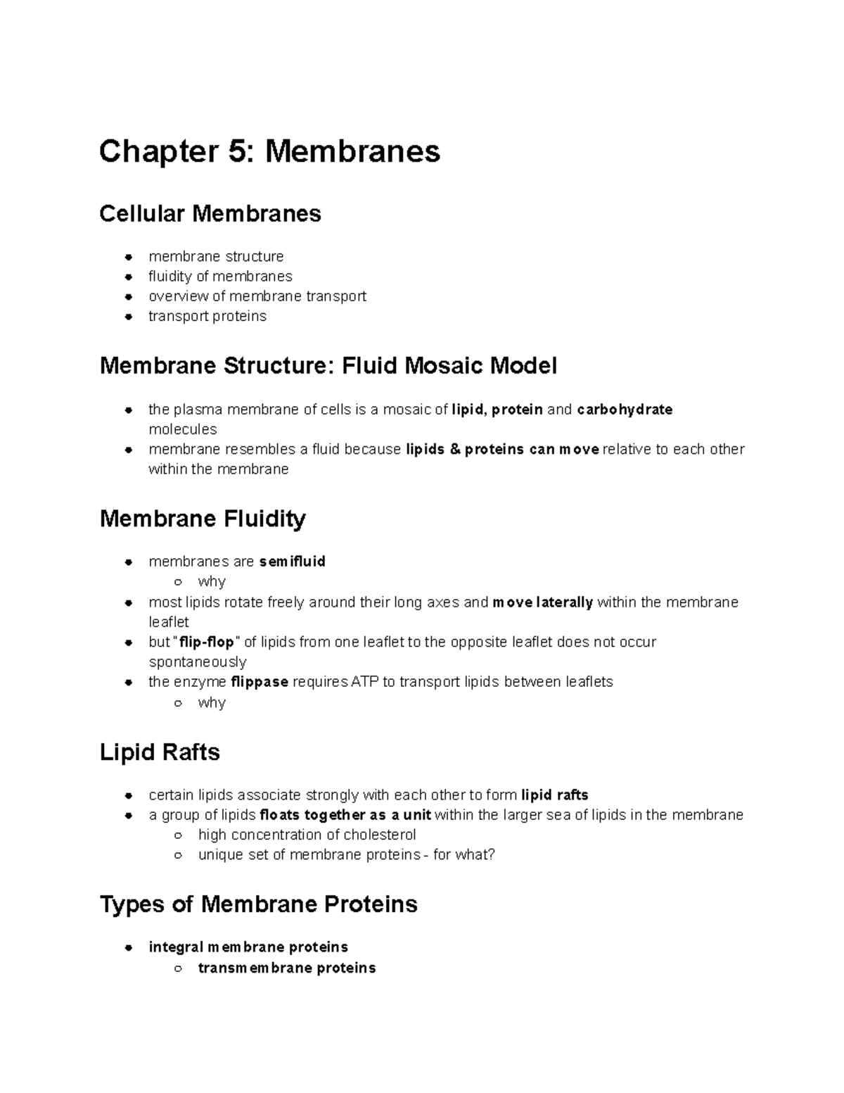 Bio 181 - bio 181H lecture notes - Chapter 5: Membranes Cellular ...