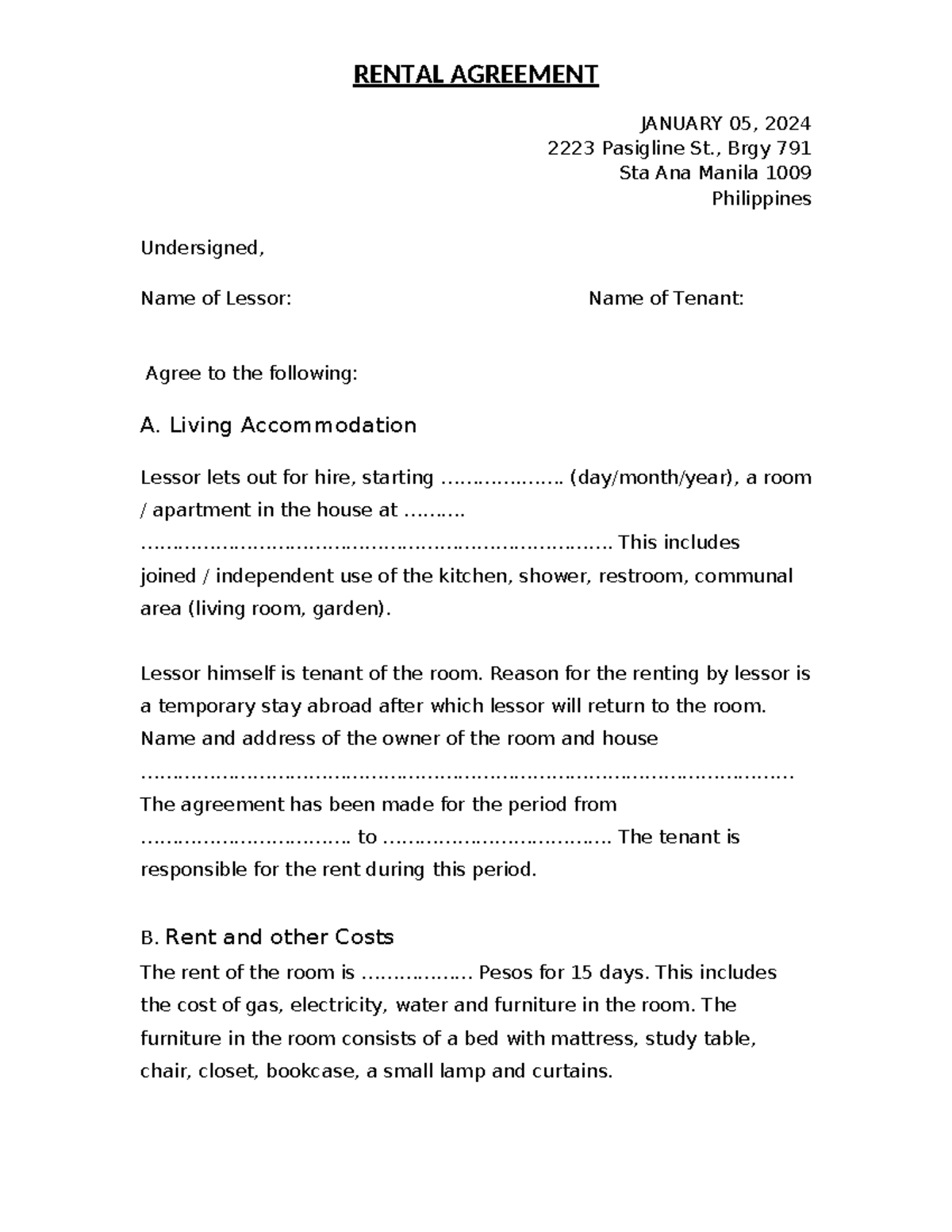 Rental - CONTRACT - RENTAL AGREEMENT JANUARY 05, 2024 2223 Pasigline St ...