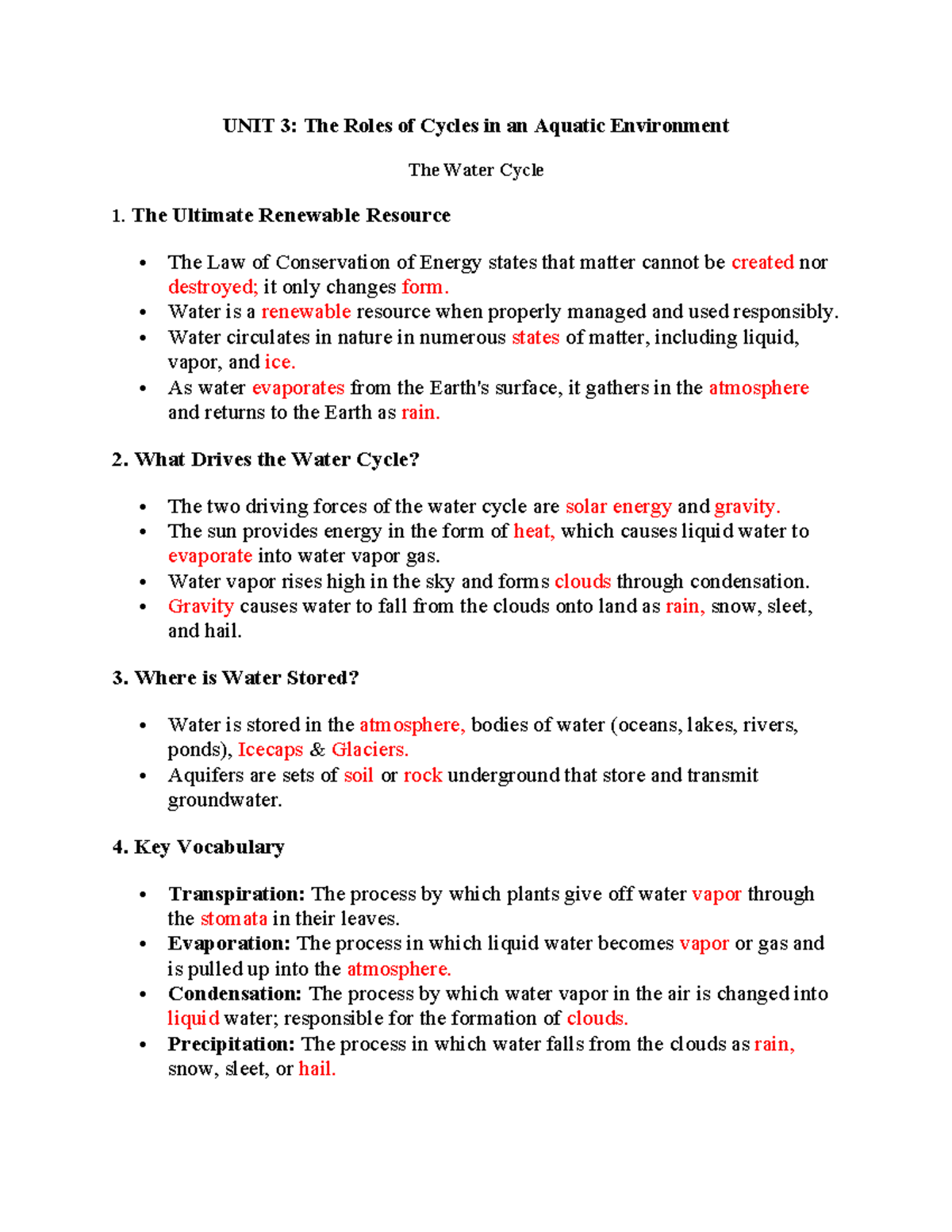 Unit 3 - The Water Cycle Notes - UNIT 3: The Roles of Cycles in an ...