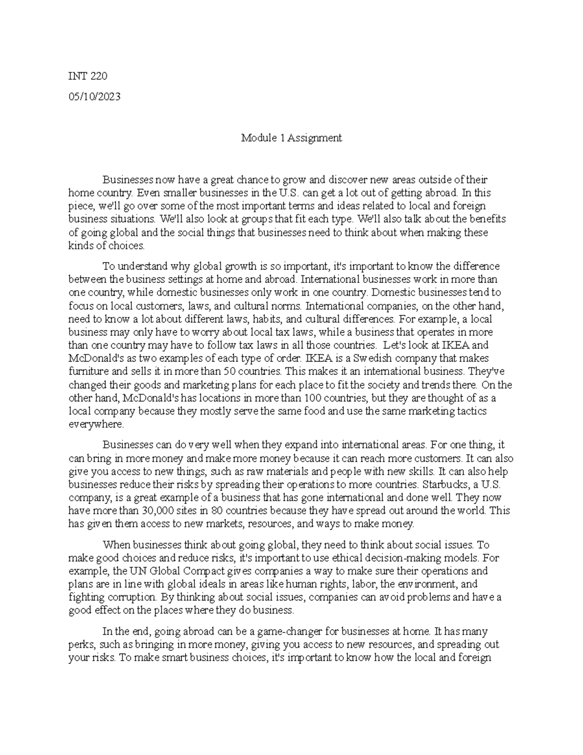 INT 220 Module 1 - Hope this is a good reference - INT 220 05/10/ Module 1 Assignment Businesses ...