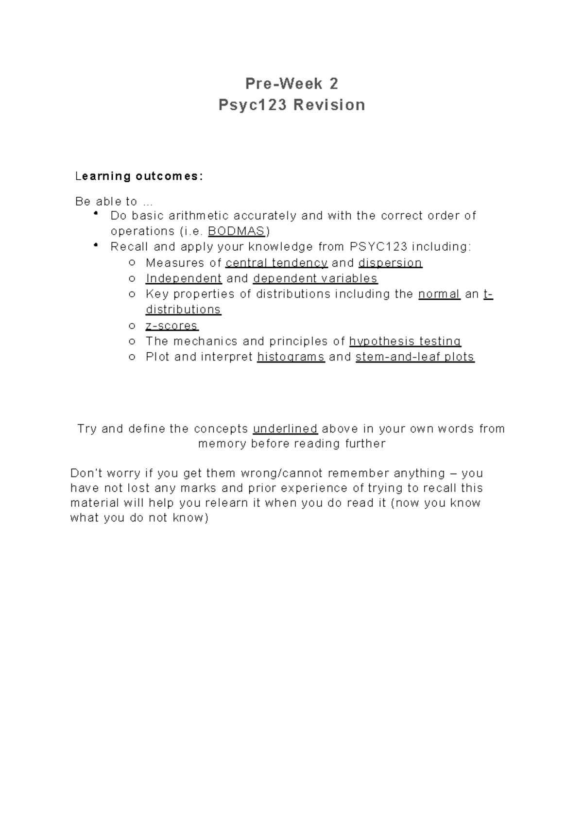 Pre Week 2 Tute Workbook Ans 2024 - Try and define the concepts underlined above in your own ...