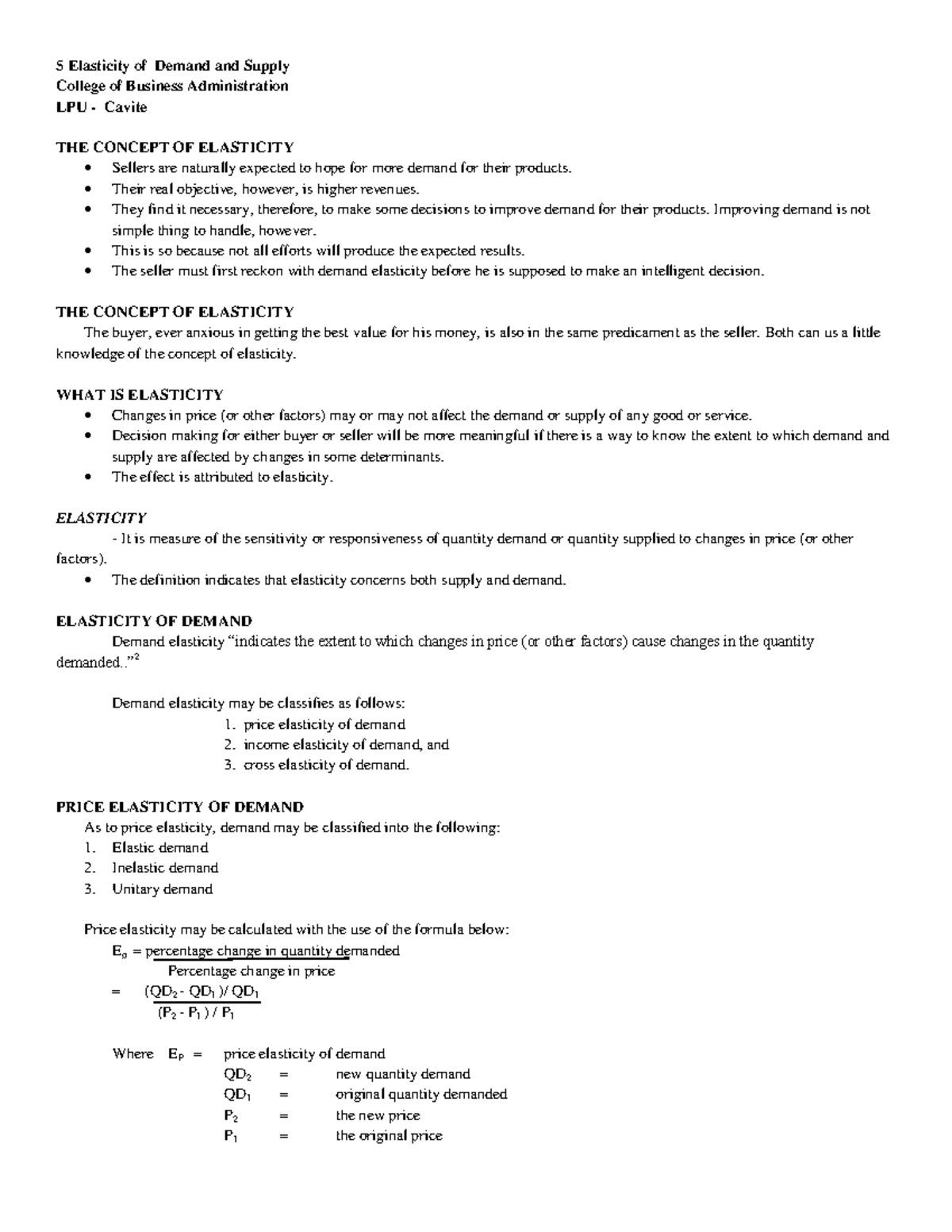 Elasticity of Demand and Supply - Economics - Lecture Notes - Studocu