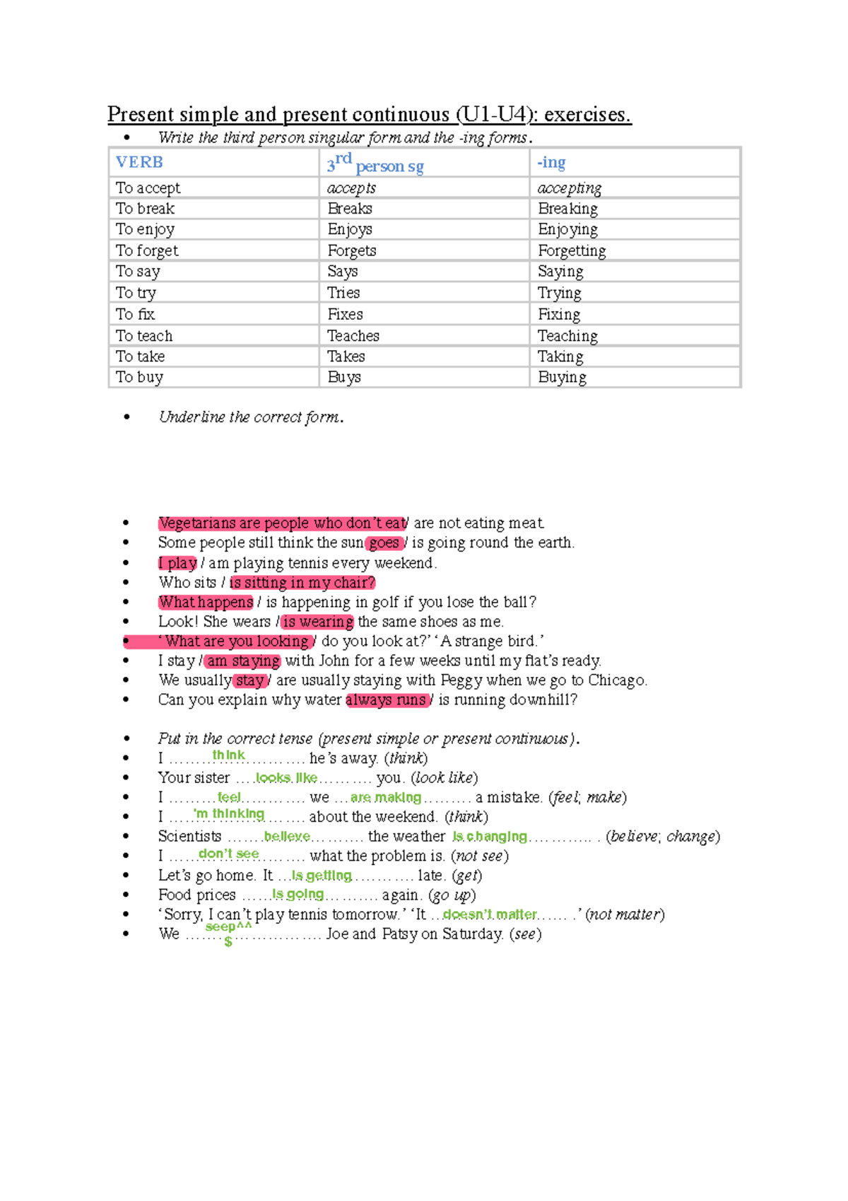 Present simple and present continuous exercises - Present simple and present continuous (U1-U4 ...