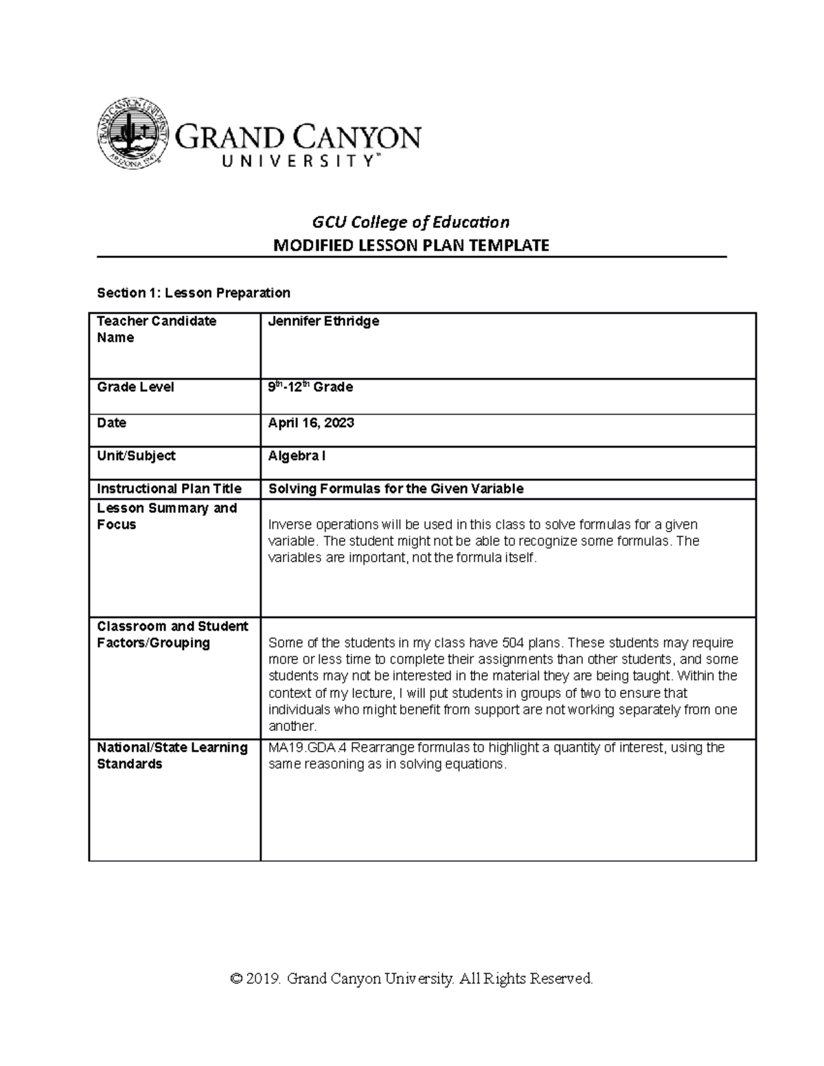 Revised Lesson Plan - a general idea of assignment, received an A - GCU ...