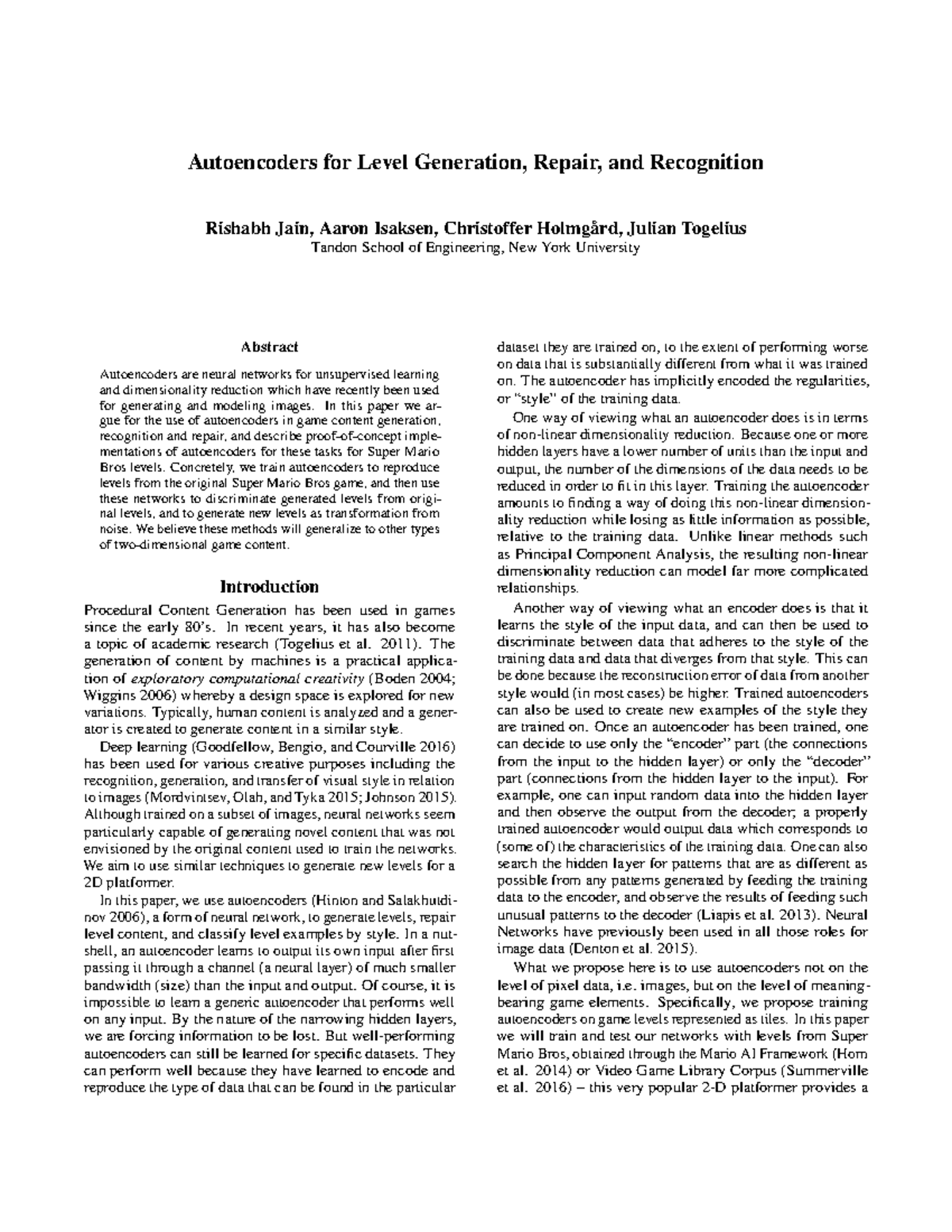 Jain2016 Autoencoders - Autoencoders for Level Generation, Repair, and ...
