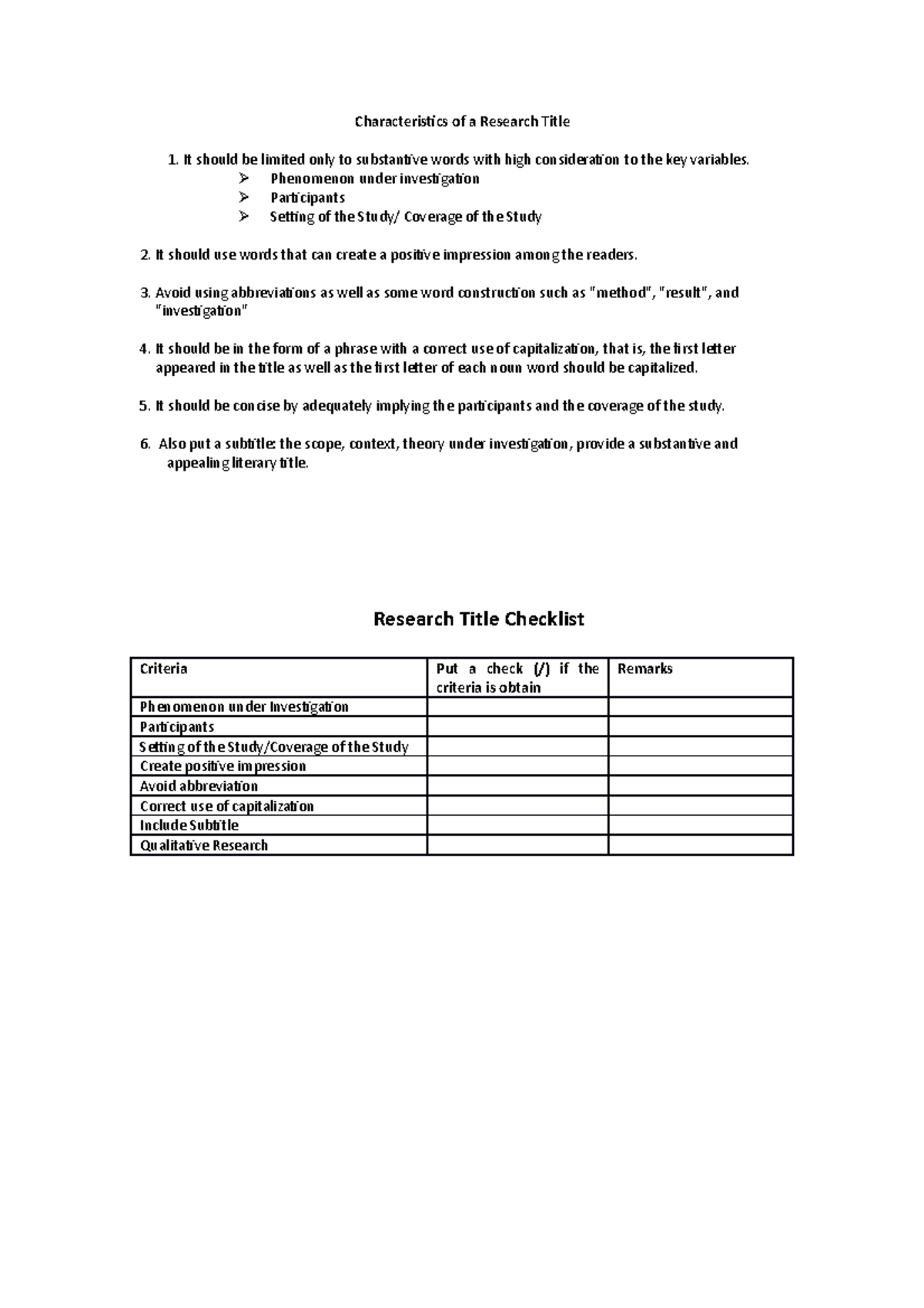 Characteristics of a Research Title - Phenomenon under investigation ...