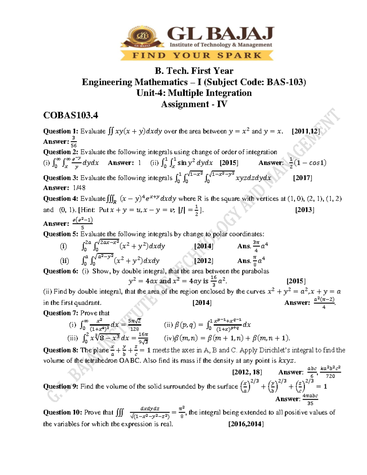 Assingment and Tutorial Unit IV Multiple Integration 2022 23 - B. Tech. First Year Engineering ...