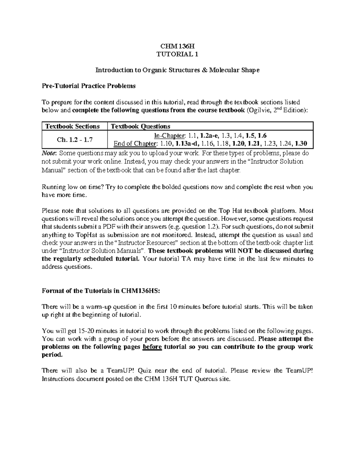 TUT 1 Pre-Problems - CHM 136H TUTORIAL 1 Introduction to Organic ...