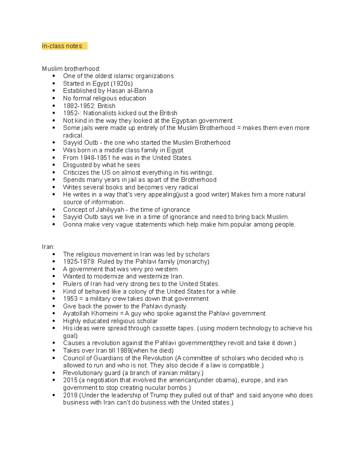 Class notes - In-class notes: Muslim brotherhood: One of the oldest ...