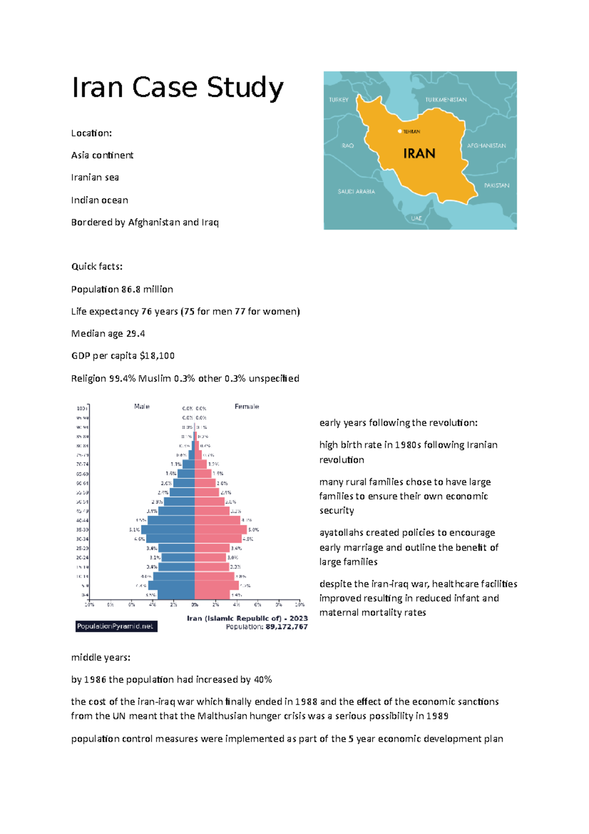 Population notes - Iran Case Study Location: Asia continent Iranian sea ...