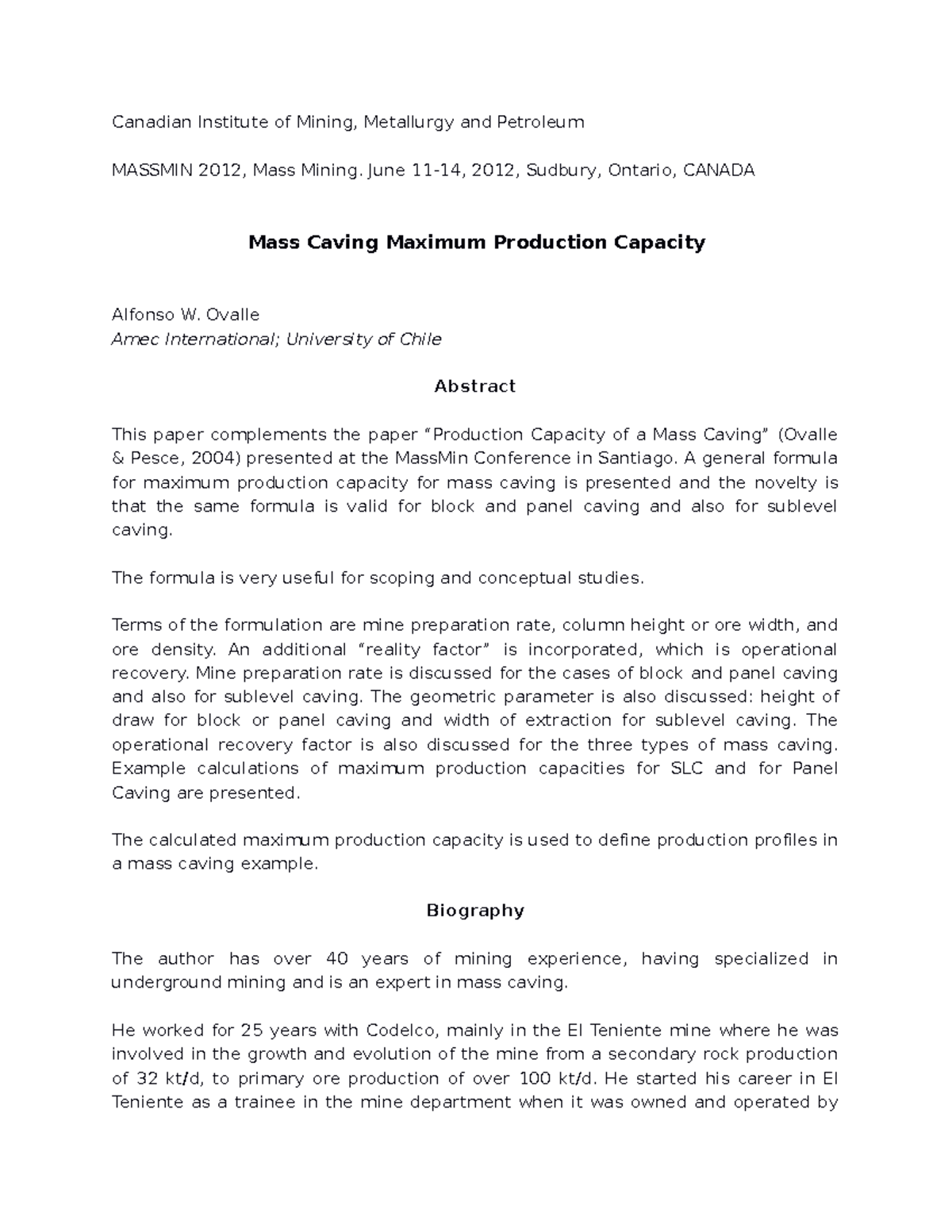 Mass caving maximum production capacity 2012 may 5 - Canadian Institute ...