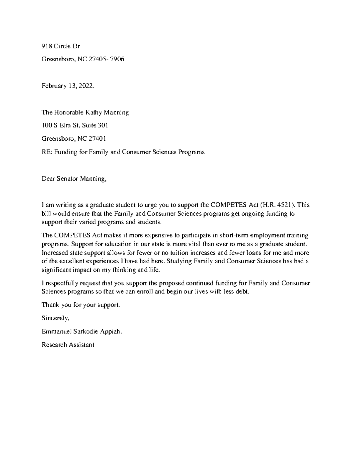 Letter 3 - 918 Circle Dr Greensboro, NC 27405- 7906 February 13, 2022 ...