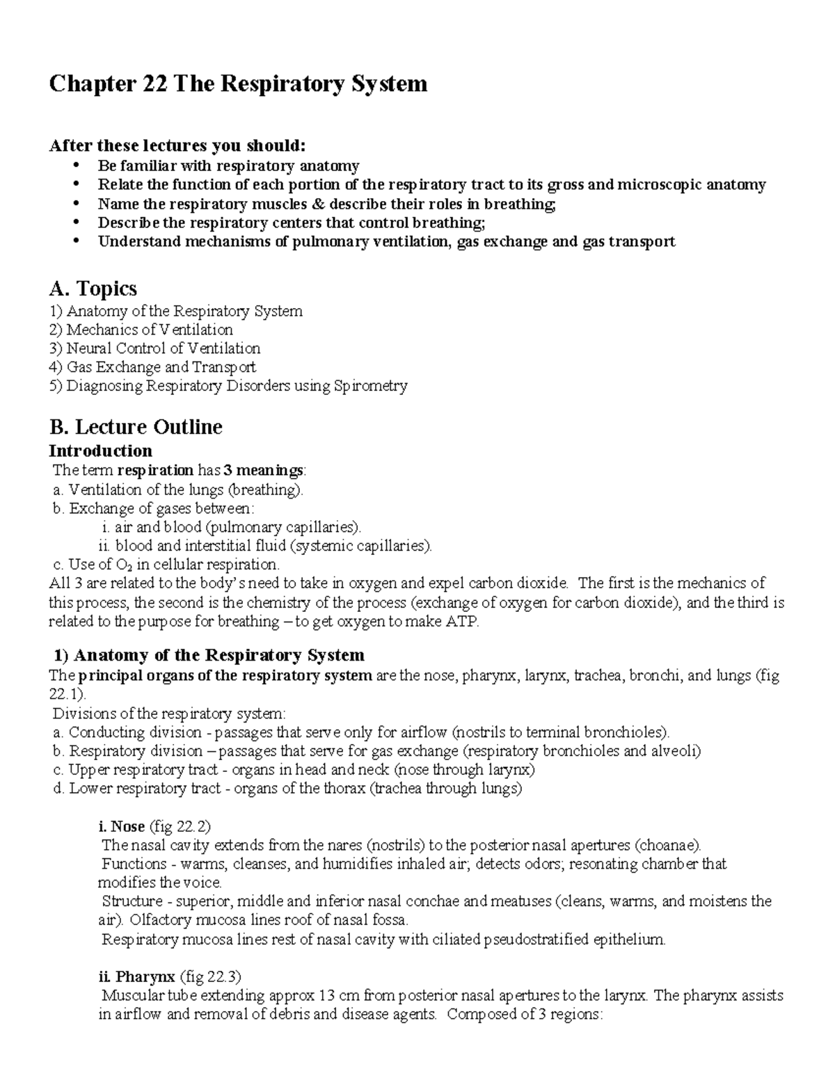 Ch22 Respiratory lect outline 2016 - Chapter 22 The Respiratory System ...