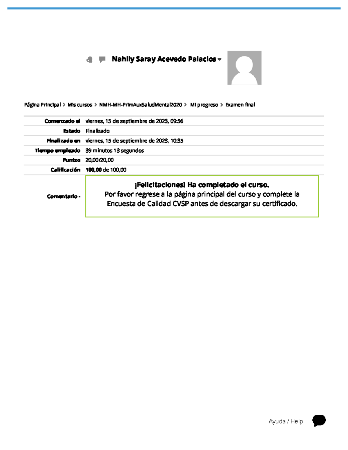 Mi Progreso - Examen Final - Comenzado el viernes, 15 de septiembre de 2023, 09: Estado ...