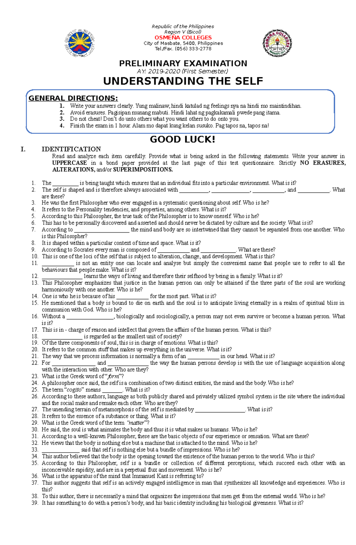 Preliminary Examination understanding the self - PRELIMINARY ...