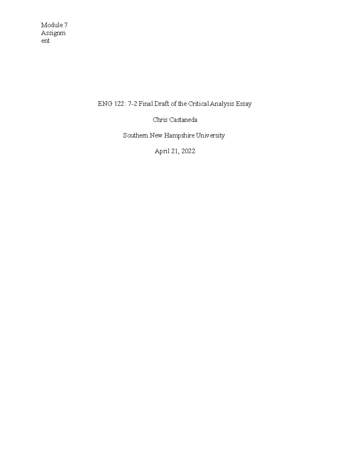 Module 7 - Module 7 Assignm ent ENG 122: 7-2 Final Draft of the ...