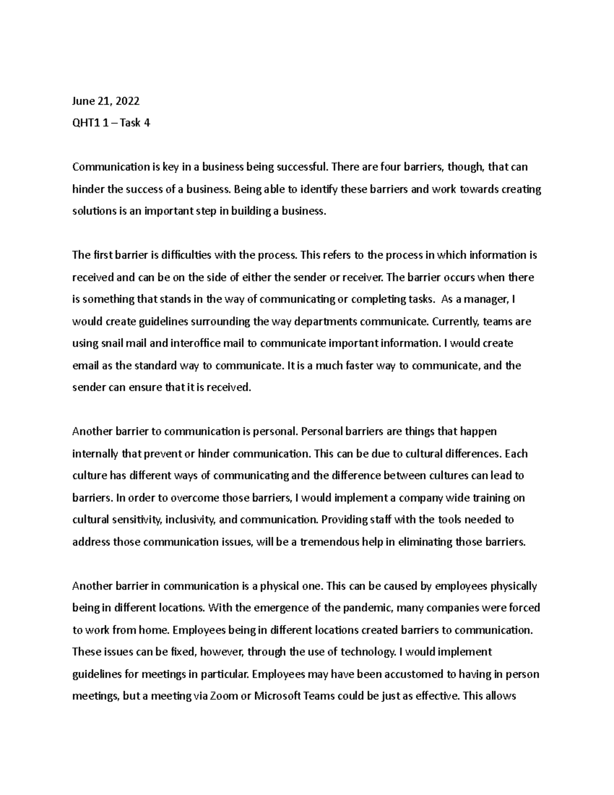 QHT1 Task 4 - QHT1 Task 4 - June 21, 2022 QHT1 1 – Task 4 Communication ...